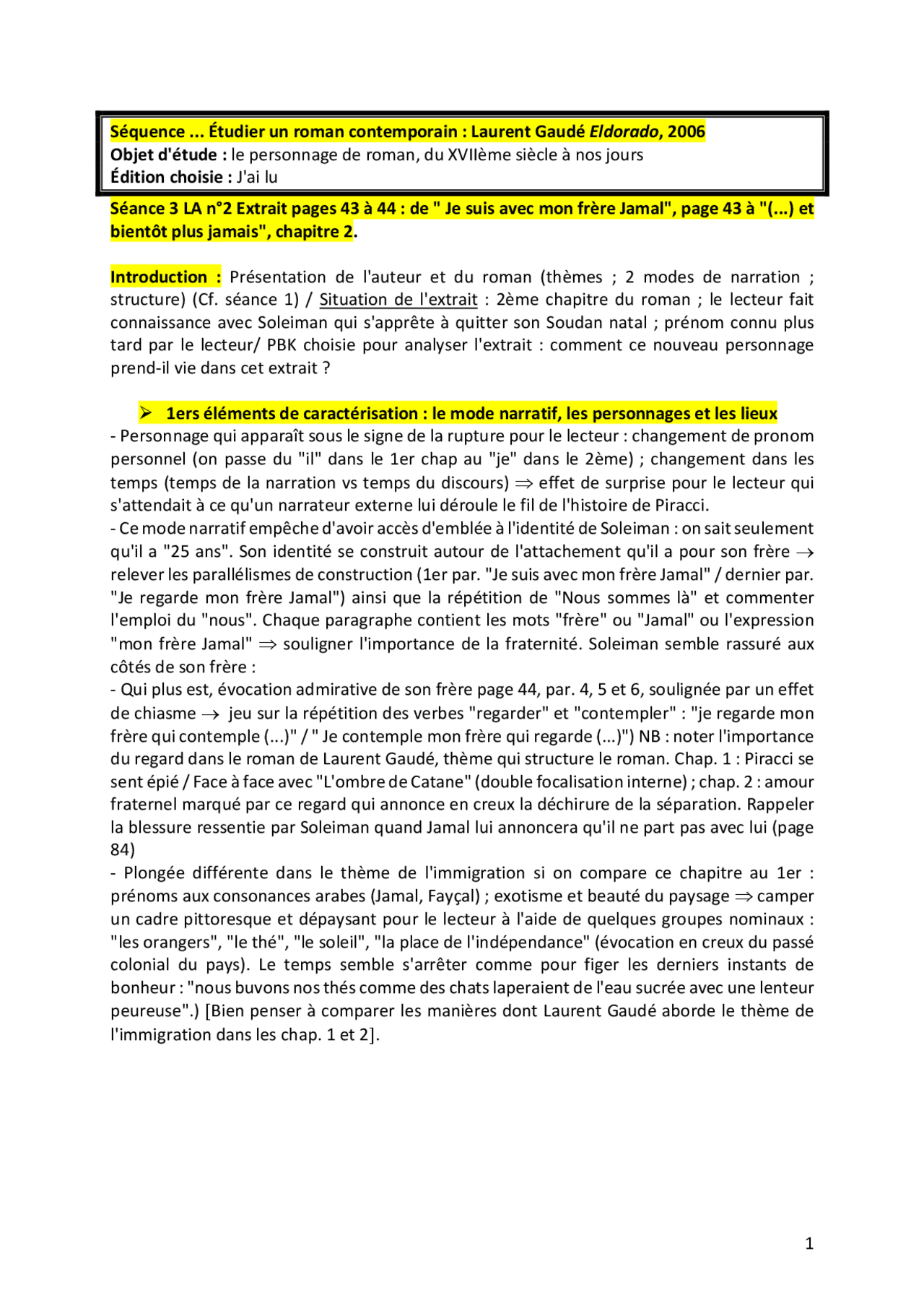 Lecture Analytique Laurent Gaudé Eldorado Chapitre 2 Lectures