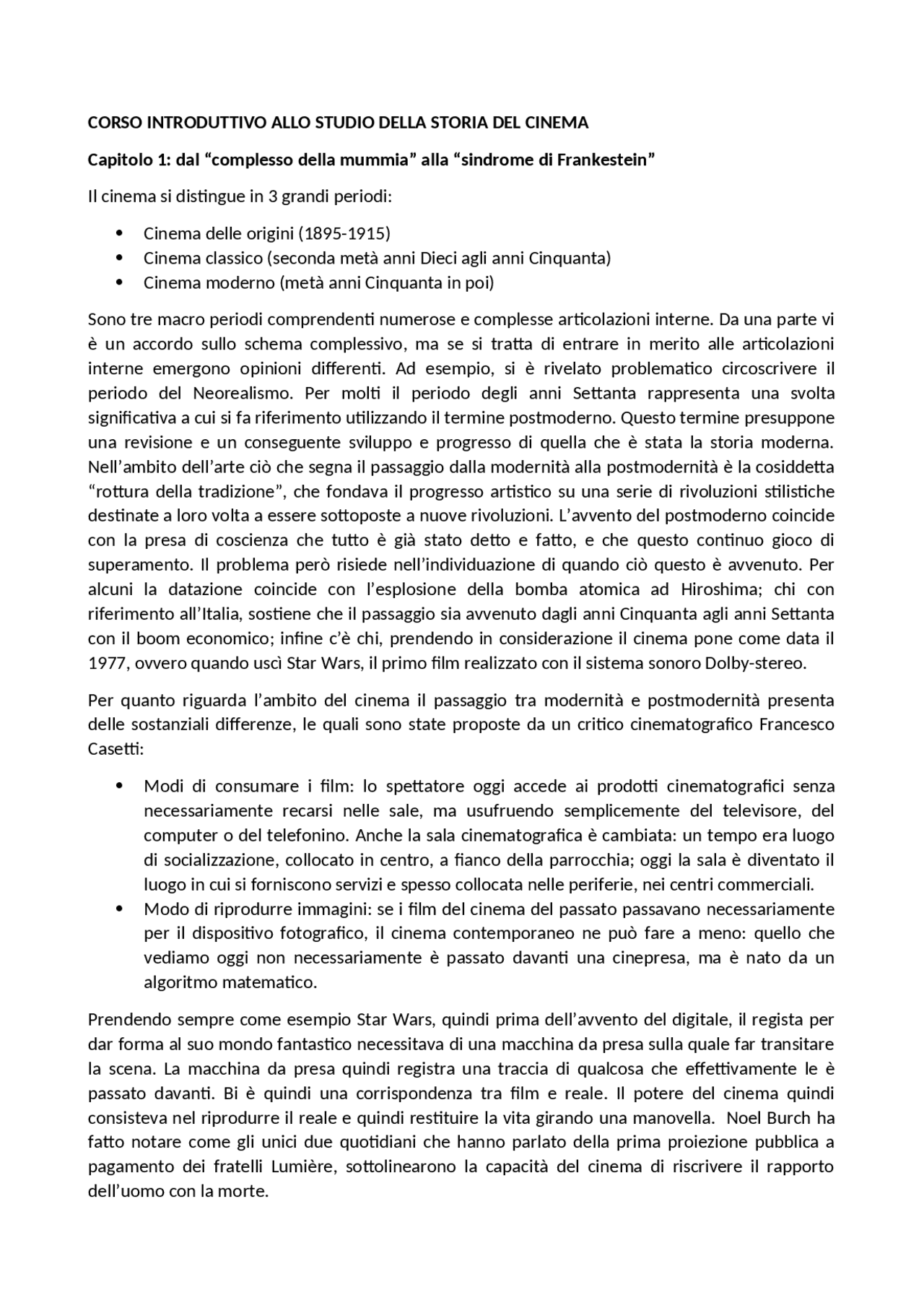 RIASSUNTO: CORSO INTRODUTTIVO ALLO STUDIO DELLA STORIA DEL CINEMA - Docsity