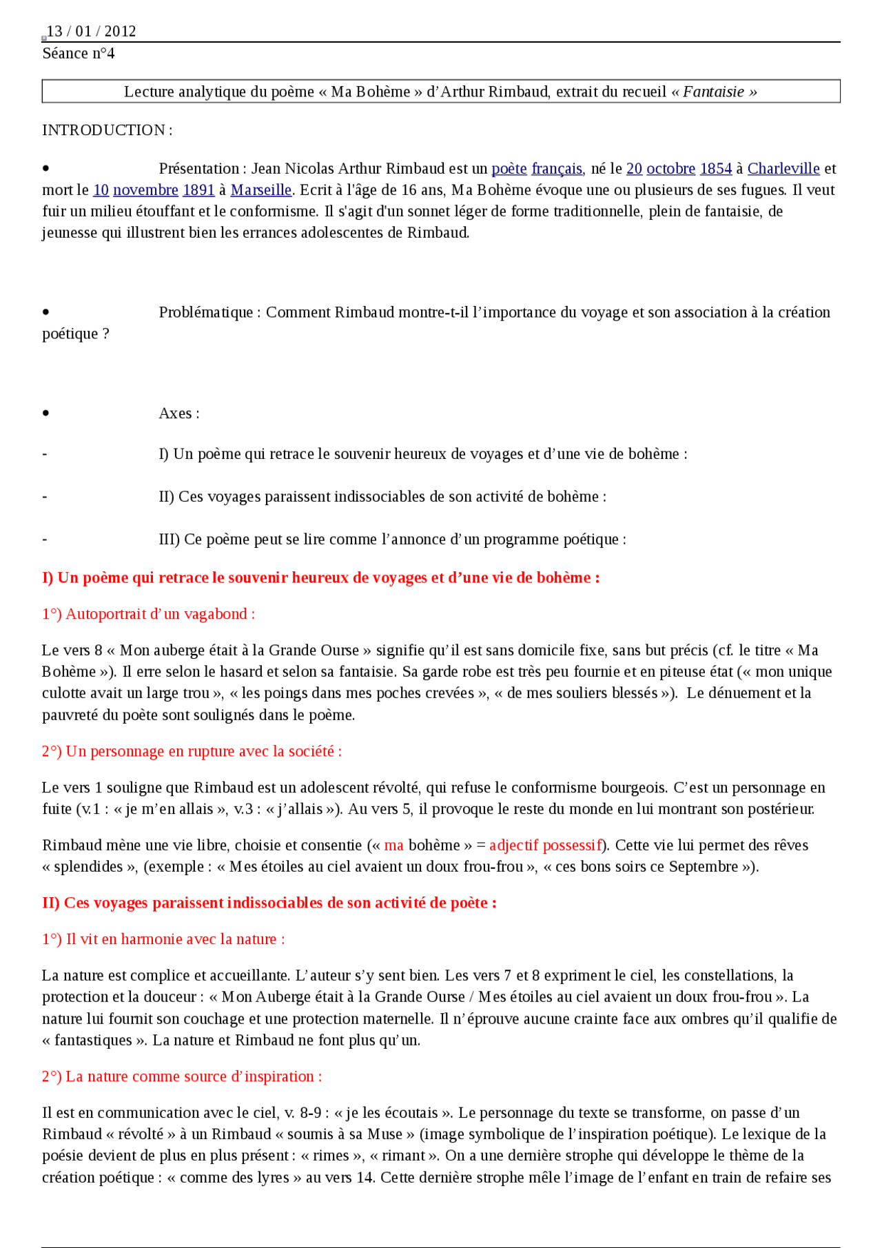 Lecture Analytique Du Poème Ma Bohème Darthur Rimbaud Lectures