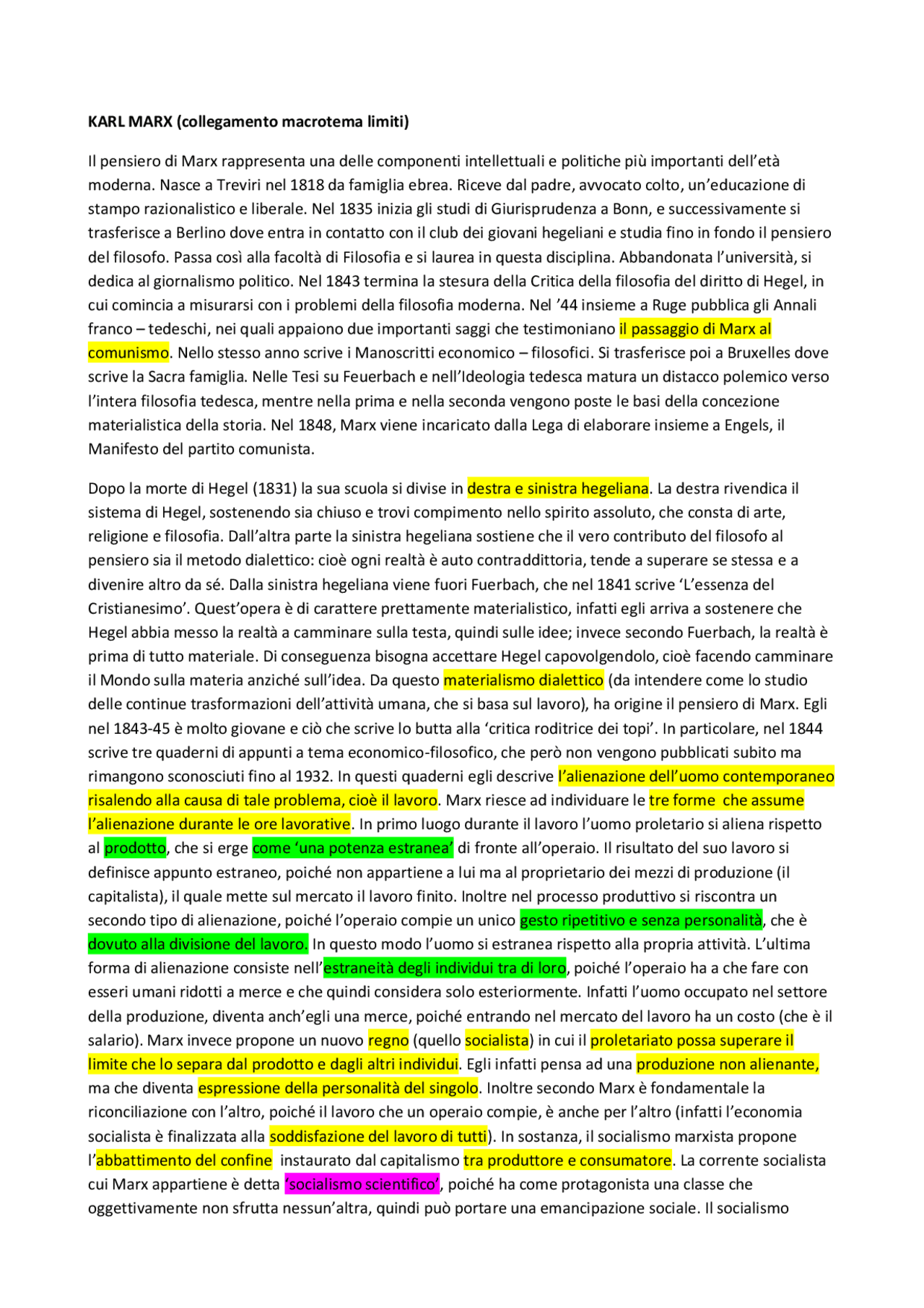 Karl Marx Sintesi Breve Docsity