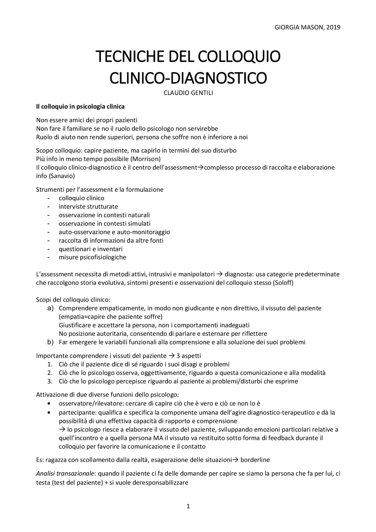 Teorie E Tecniche Del Colloquio Clinico Diagnostico Docsity