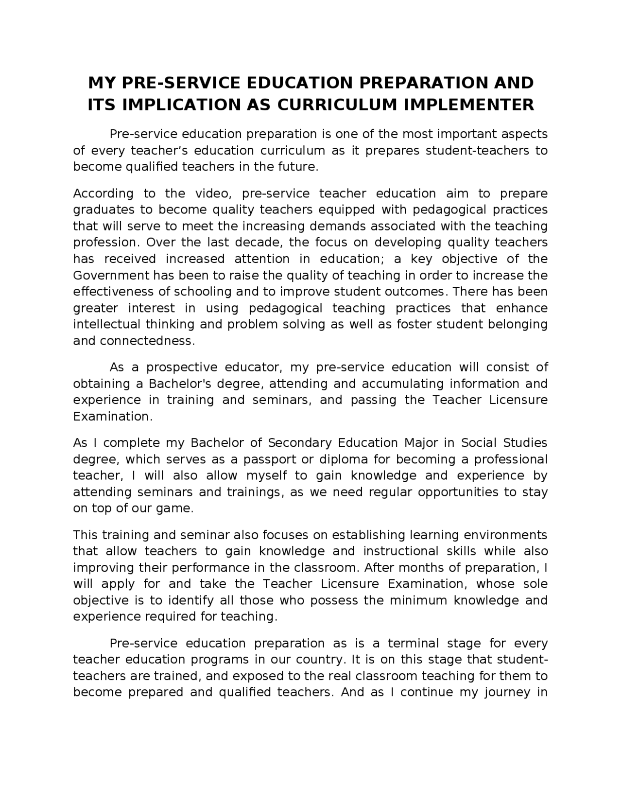 My Pre-Service Preparation - Docsity