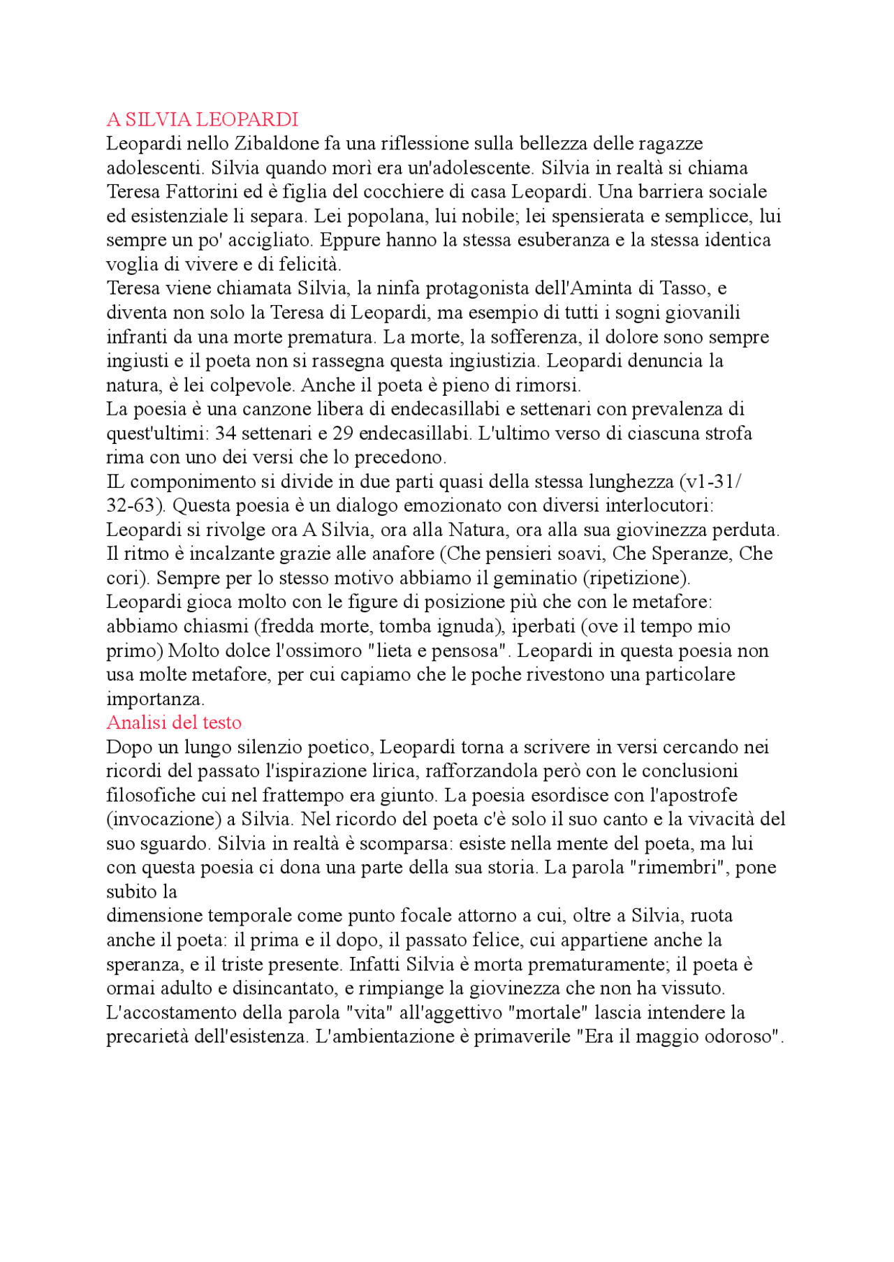 A Silvia Giacomo Leopardi Docsity