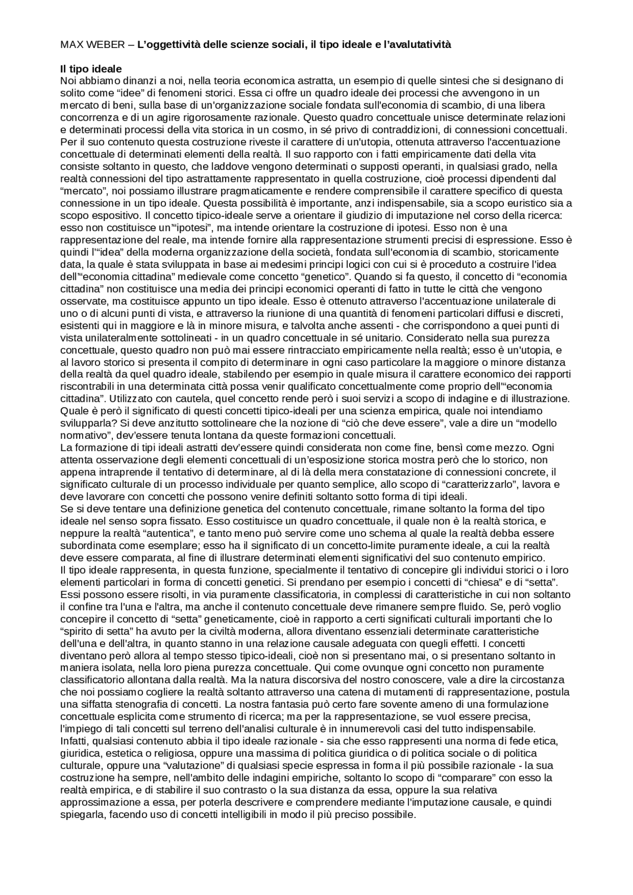 Weber Loggettività Delle Scienze Sociali Docsity