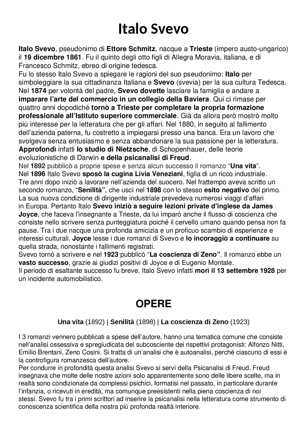 Italo Svevo - Vita e opere - Docsity