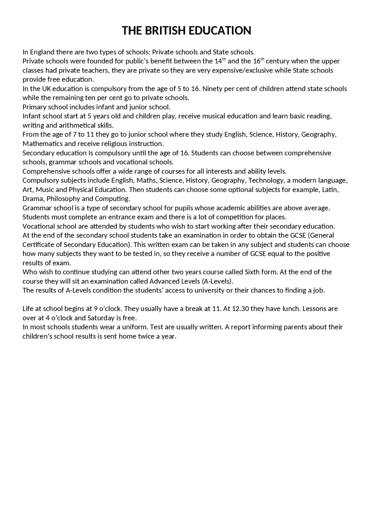 The British Education Riassunto Di Inglese Docsity
