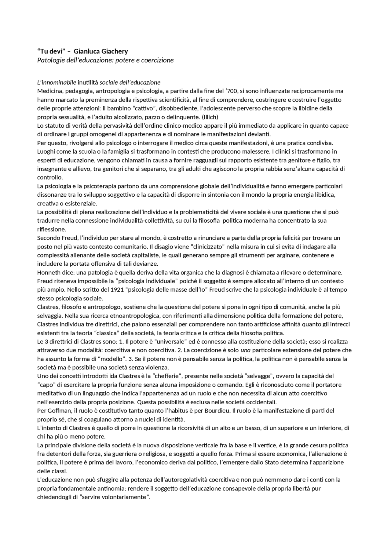 Riassunto Saggio Tu Devi Di Gianluca Giachery Docsity