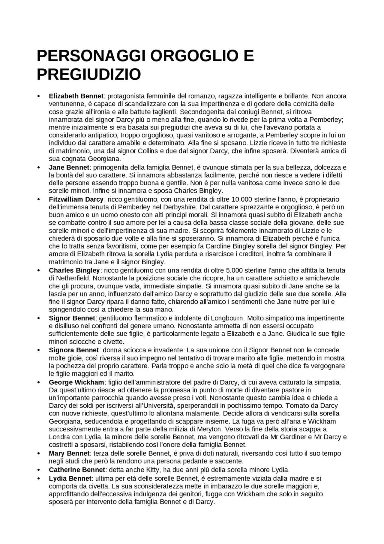 Personaggi Orgoglio E Pregiudizio Docsity