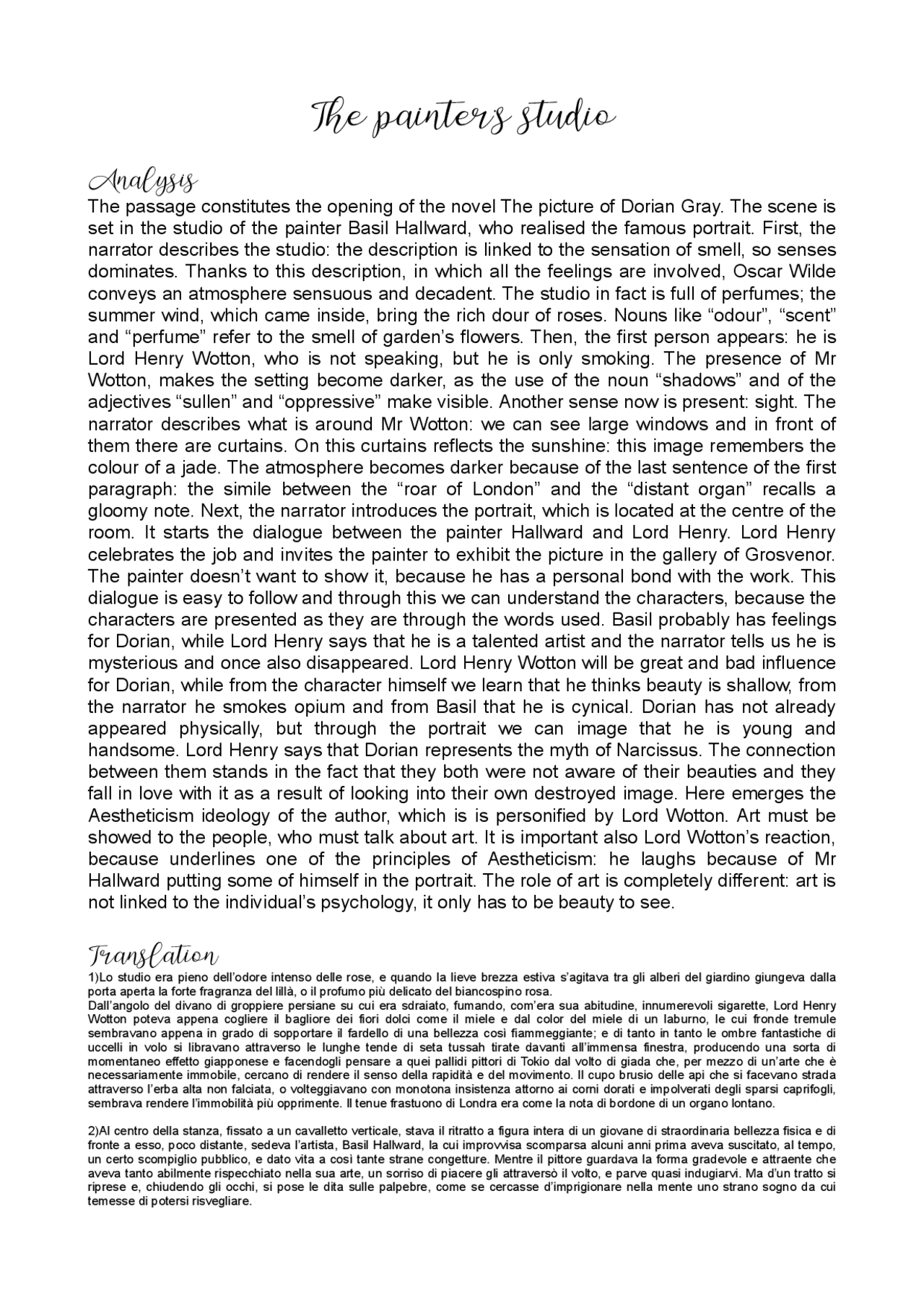 The painter’s studio (the picture of Dorian Gray) | Sintesi del corso ...