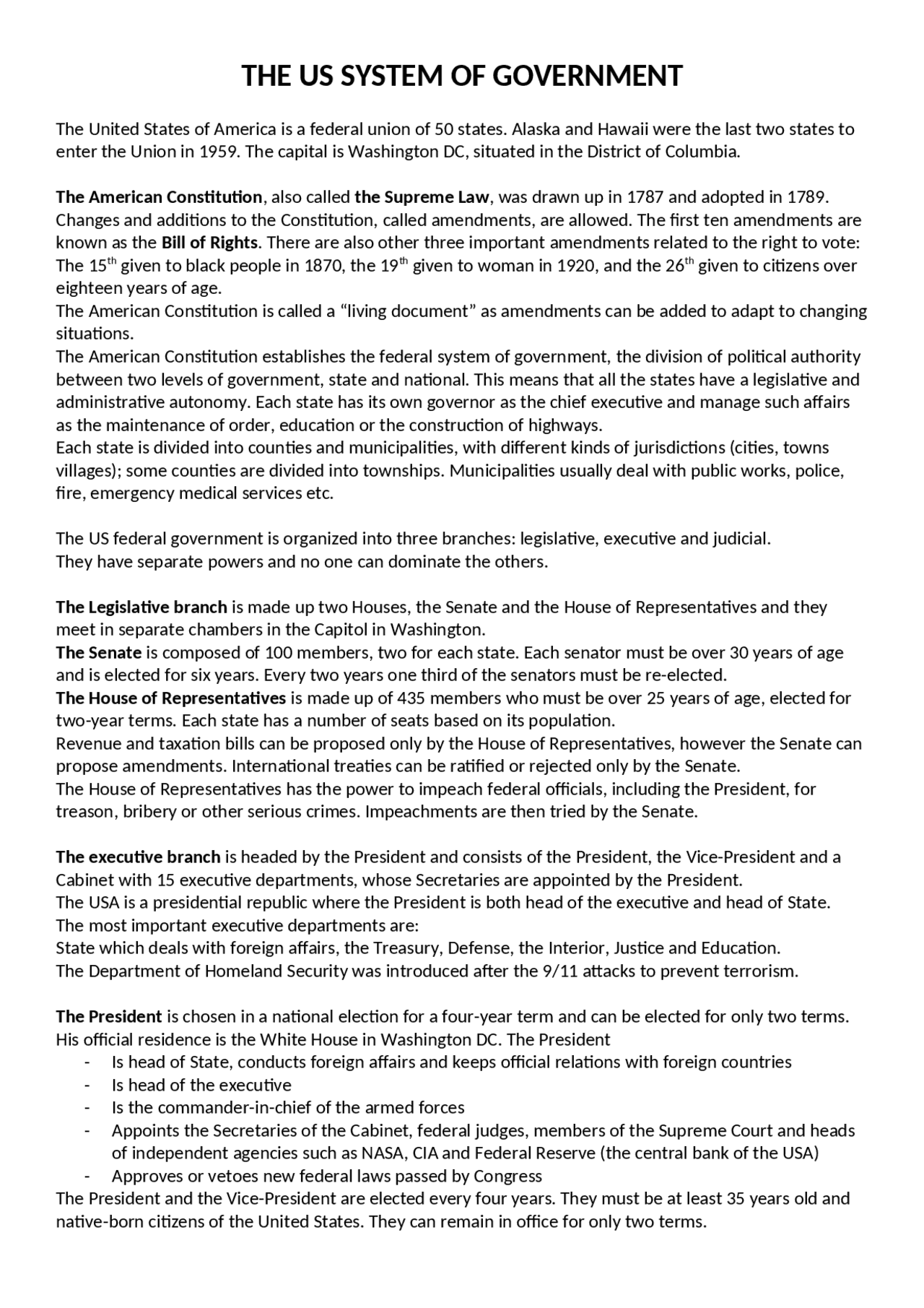 The Us System Of Government Docsity