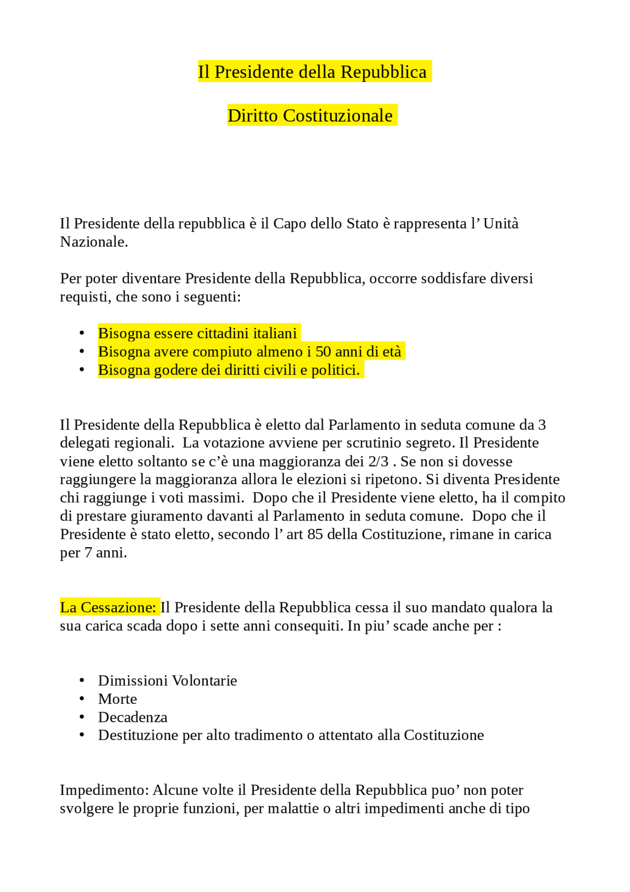 Il Presidente Della Repubblica Docsity