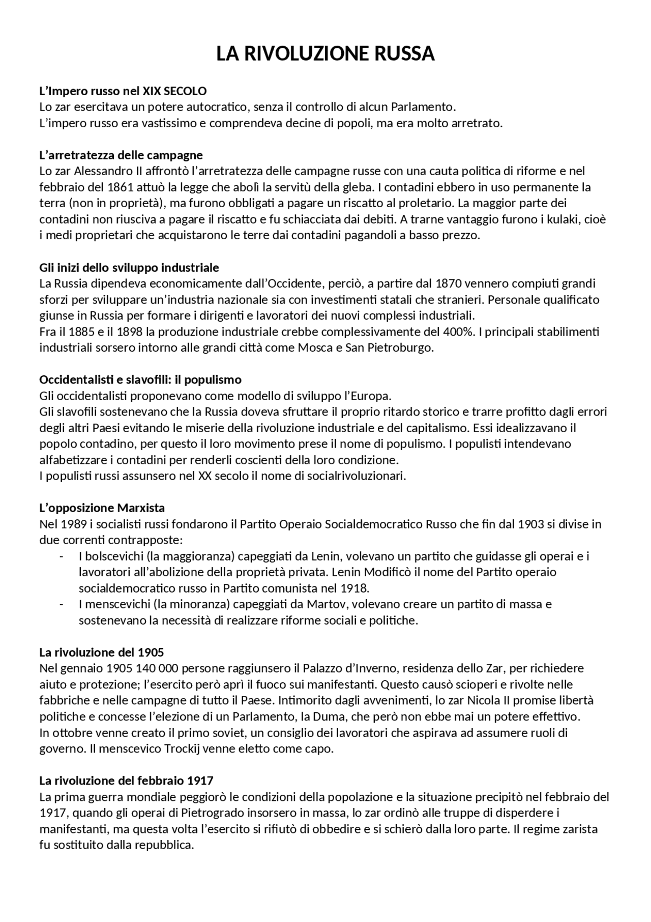 Riassunto La Rivoluzione Russa Docsity
