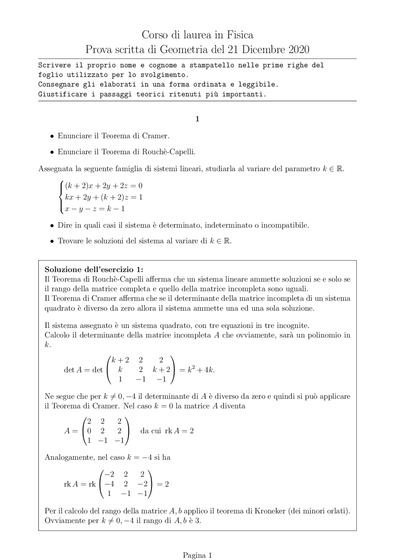 Compiti di algebra lineare e geometria facoltà di fisica catania - Docsity