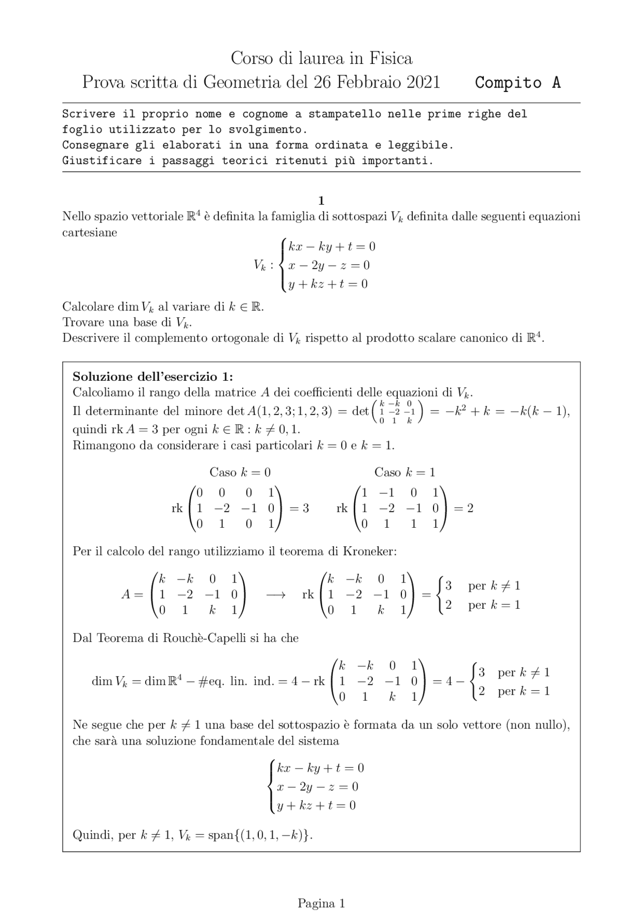 Compiti di algebra lineare e geometria facoltà di fisica catania - Docsity