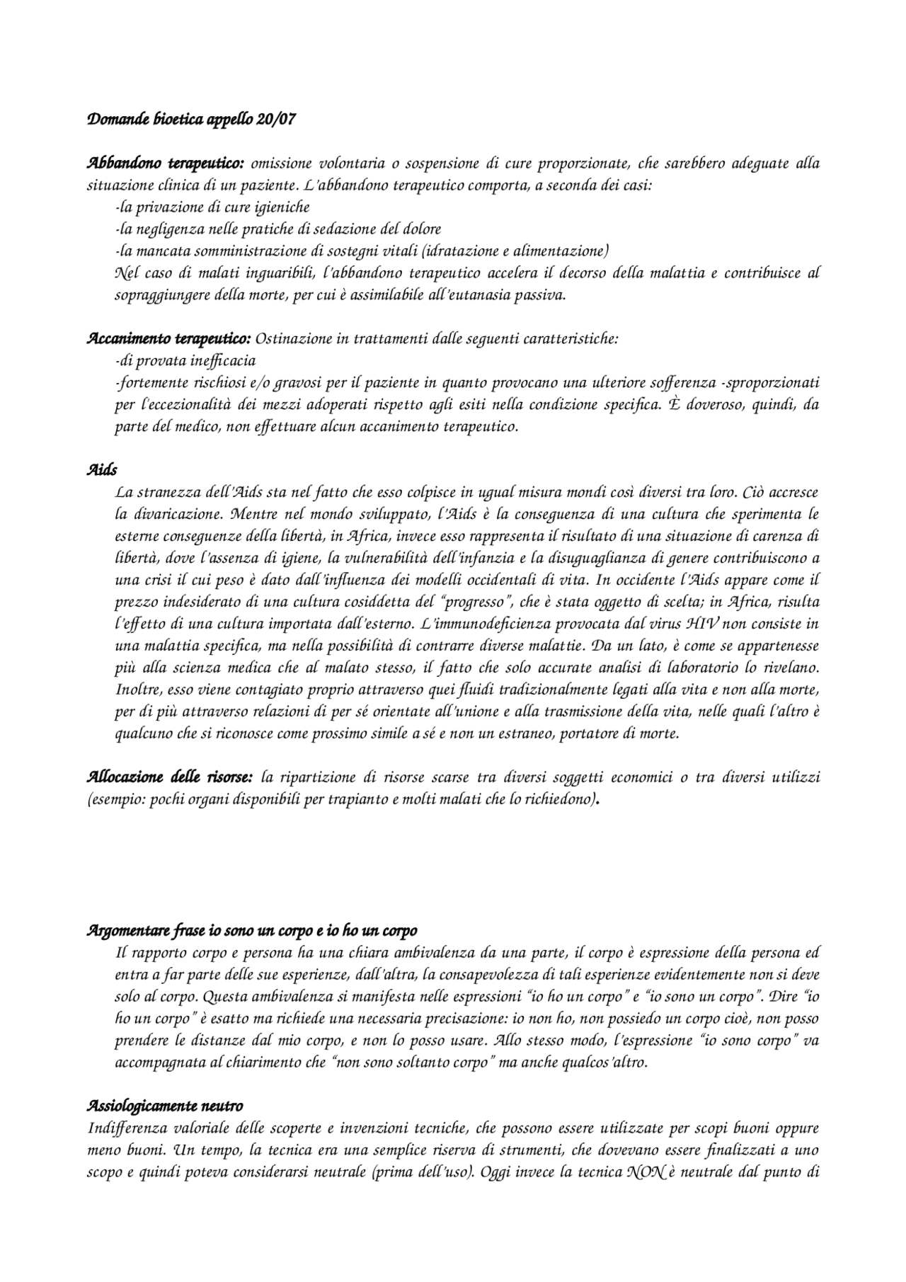 Domande Esame Scritto Bioetica Docsity