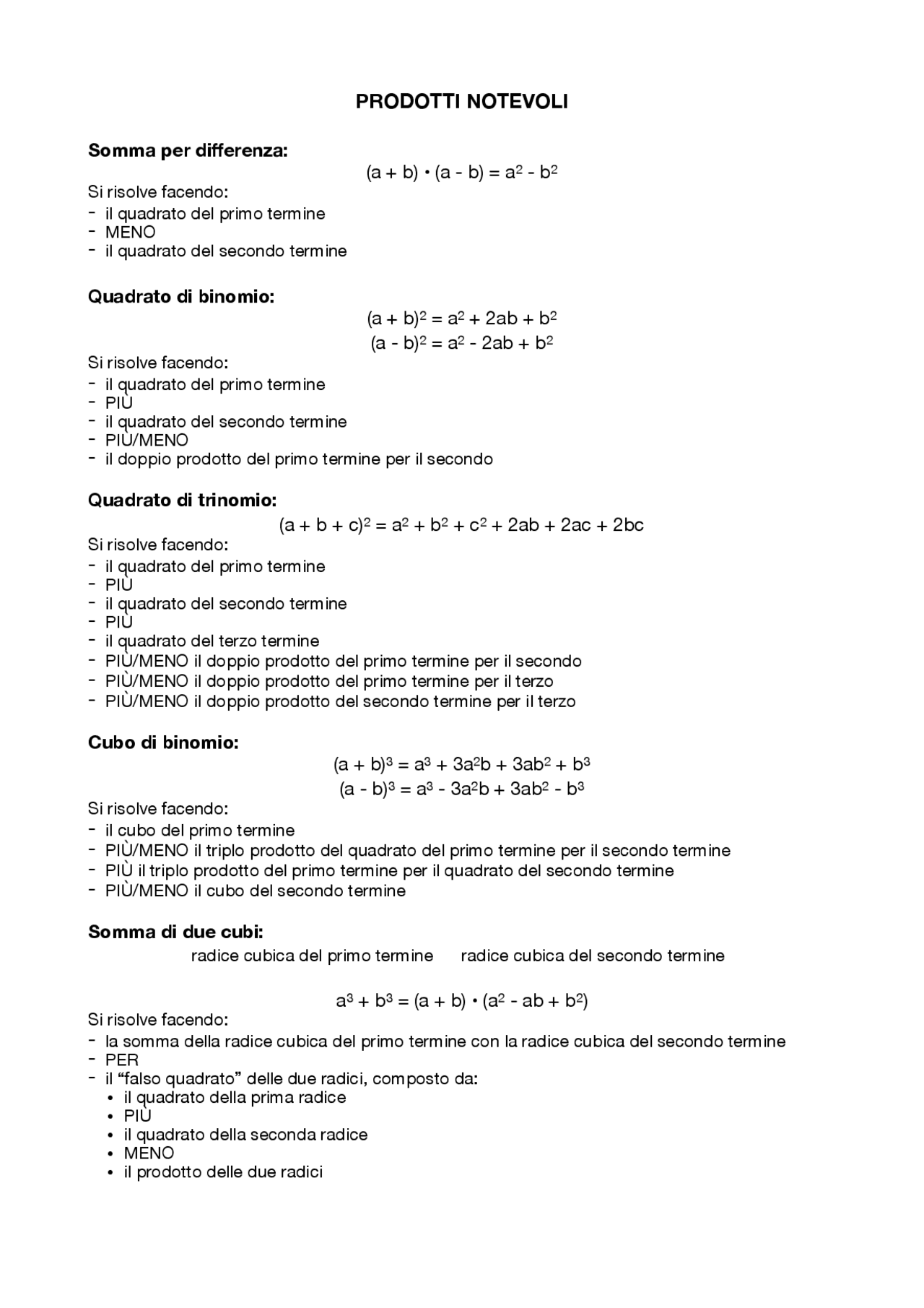 Prodotti Notevoli E Loro Risoluzione Docsity
