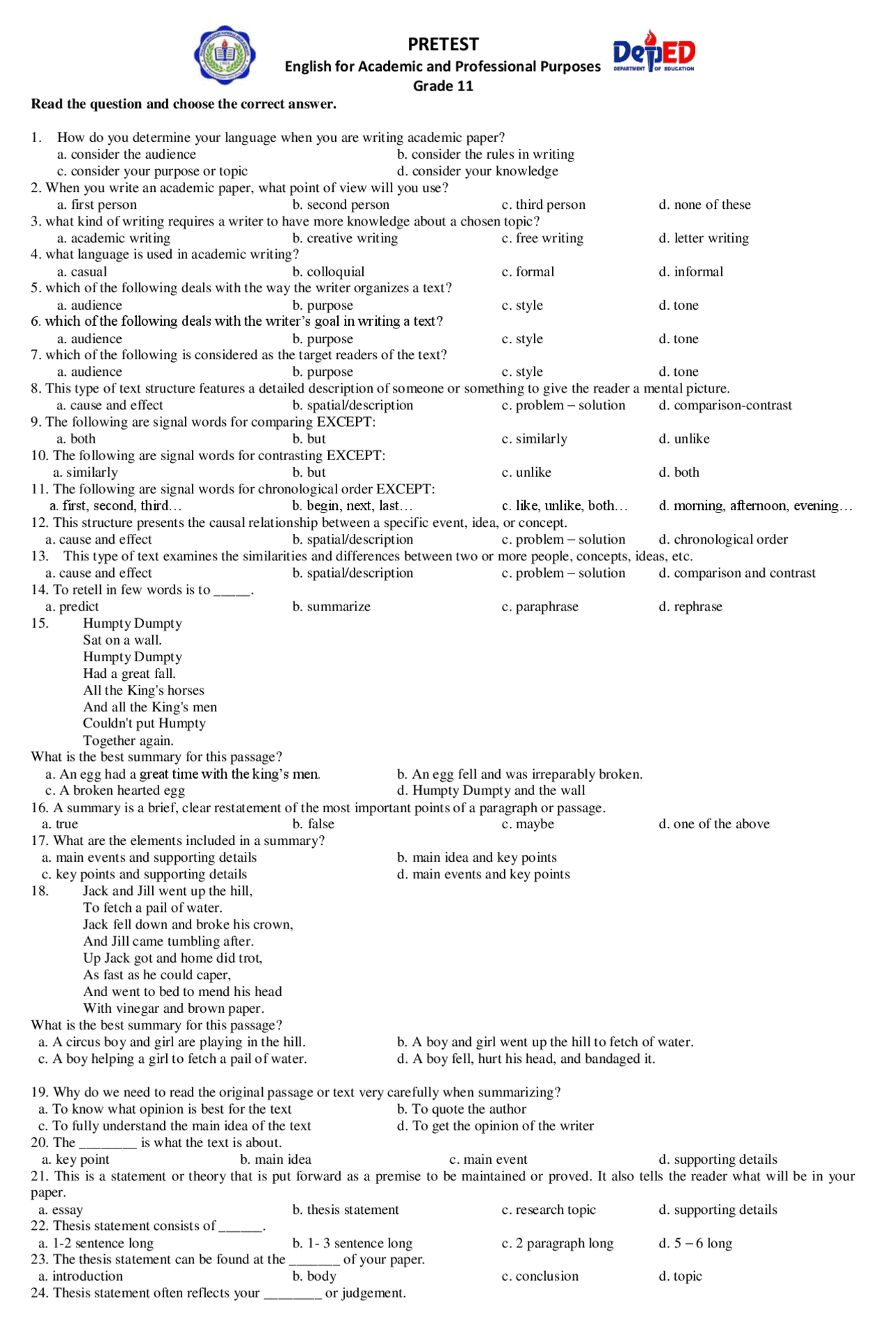 ENGLISH ACADEMIC PRE TEST EXAM - Docsity