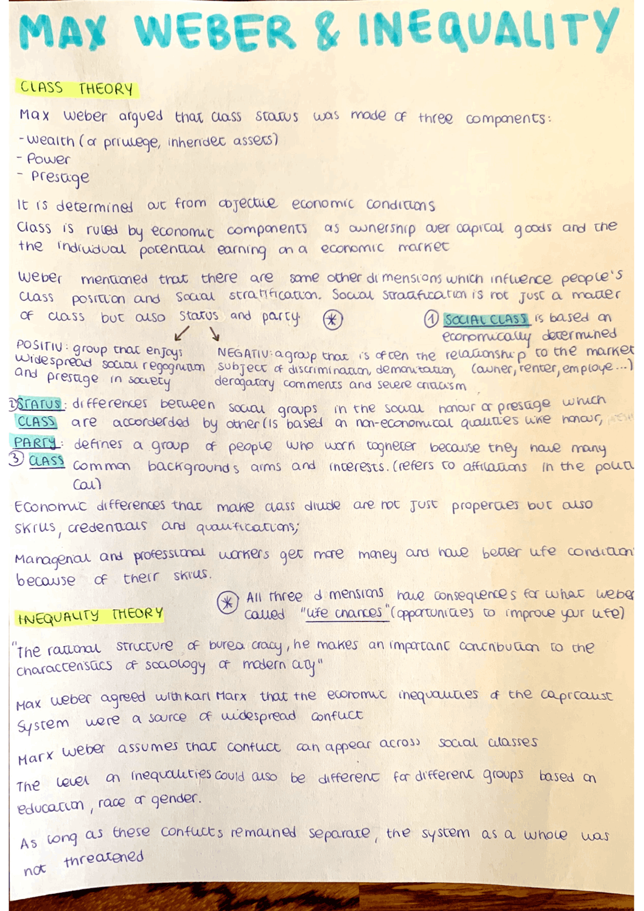 Max Weber - Class Theory, Inequality Theory - Docsity