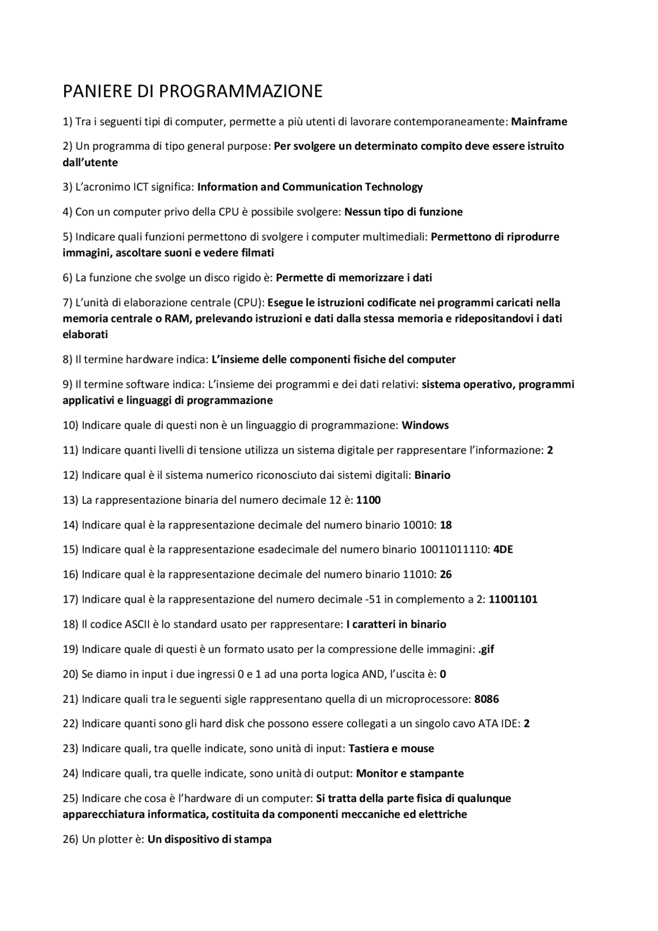 Paniere Domande Per Preparazione Esame Programmazione Mercatorum Docsity