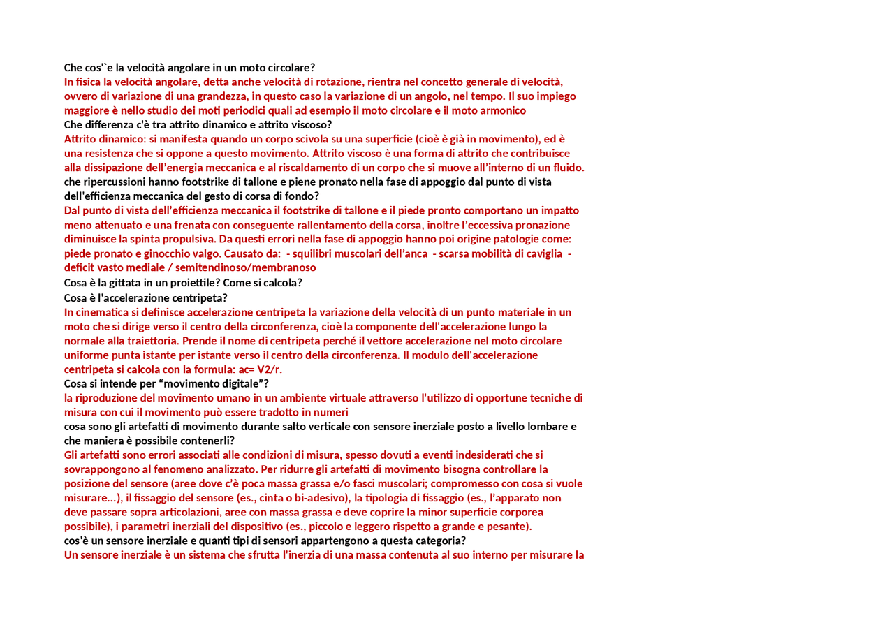 Biomeccanica Risposte Aperte In Indice Docsity