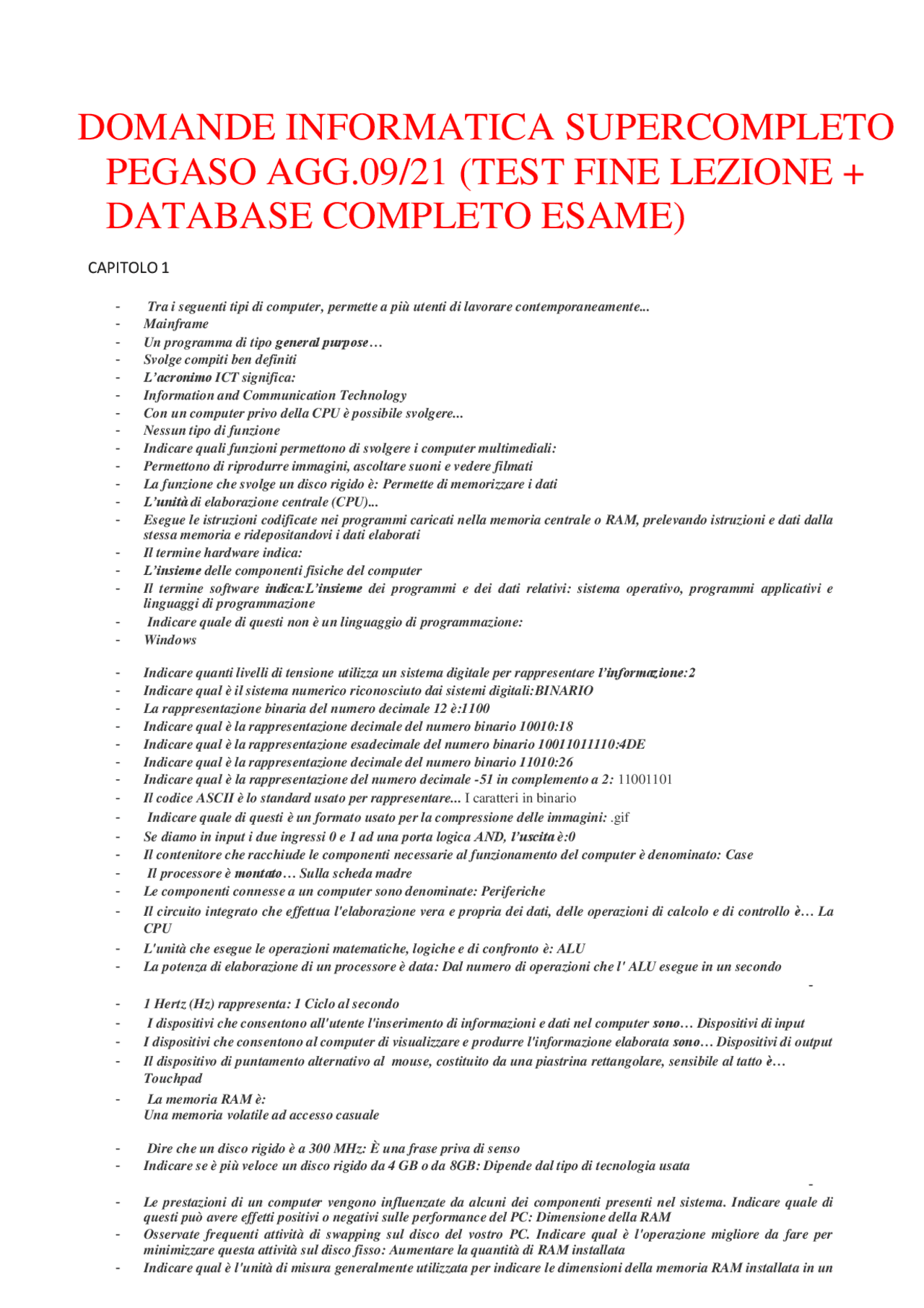 Domande Informatica Magistrale Pegaso - DATABASE COMPLETO AGGIORNATO AL 01/2022 - Docsity