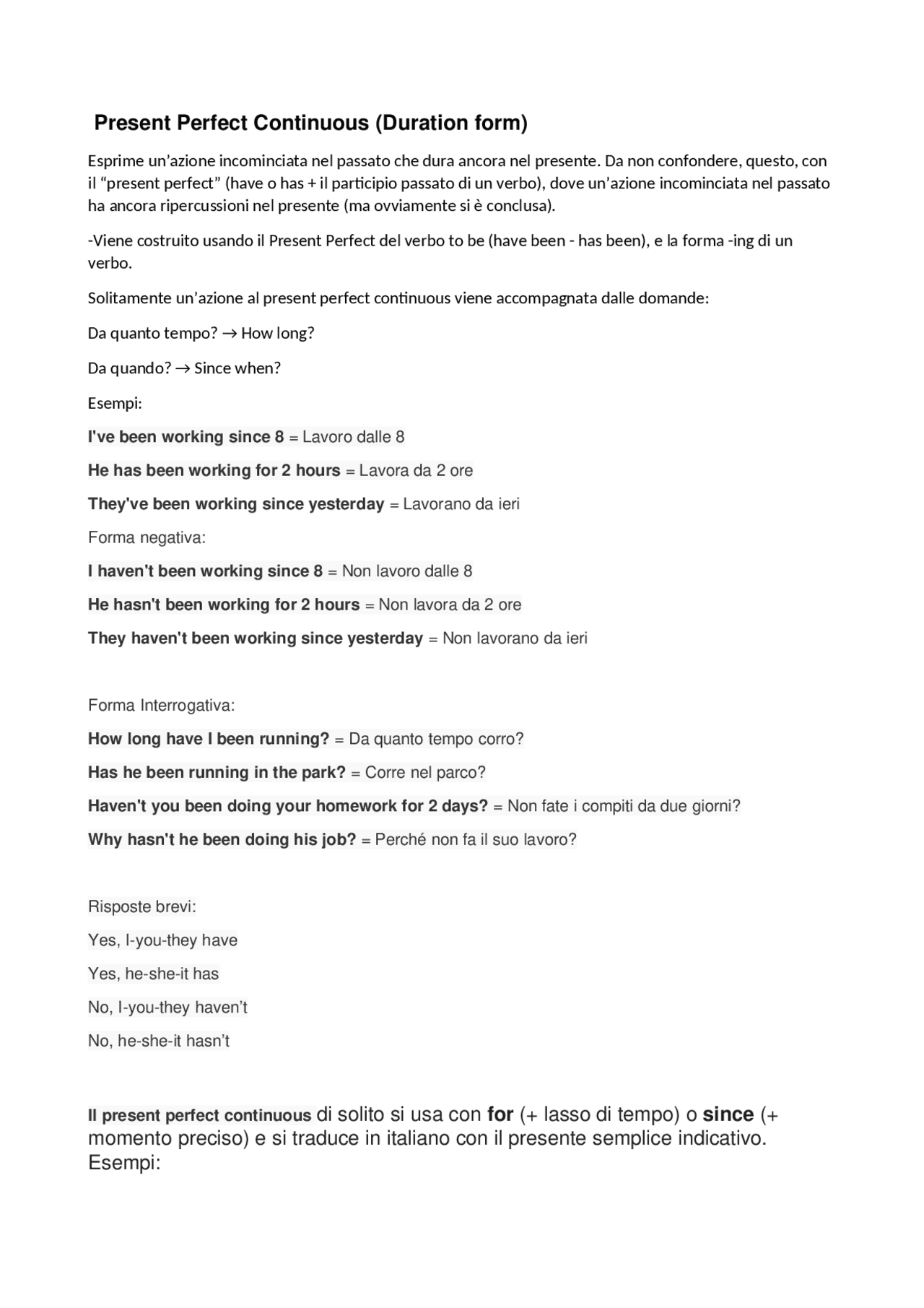 Present perfect continuous - Docsity