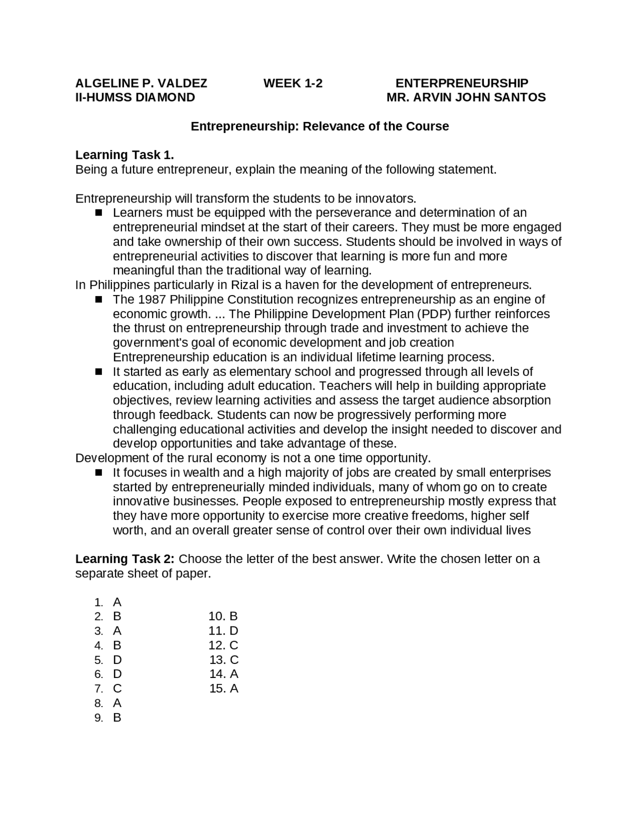 Entrepreneur week 1 and 2 | Assignments English | Docsity