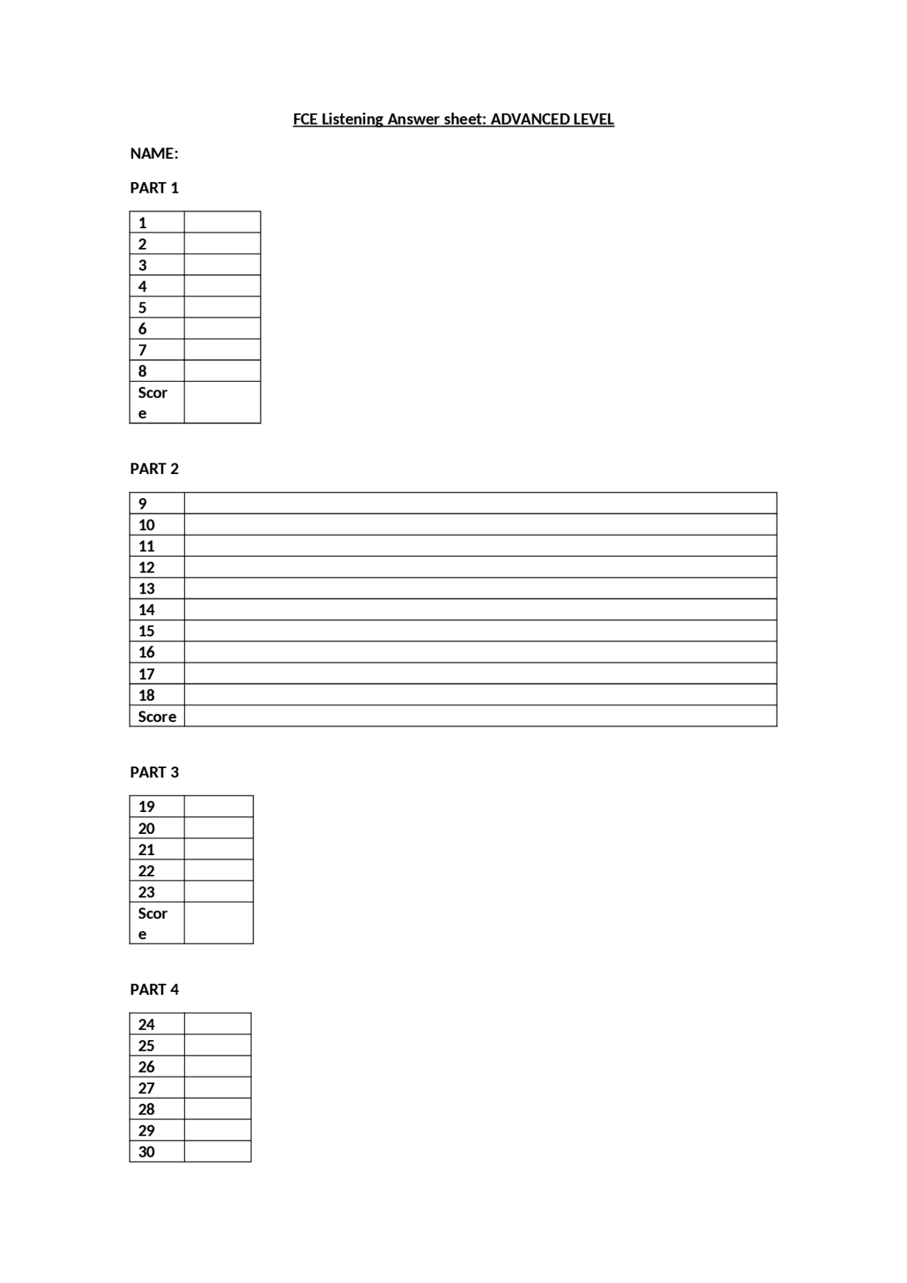 Answer Shet De Un Listening Part Del Examen Fce Exercises Of
