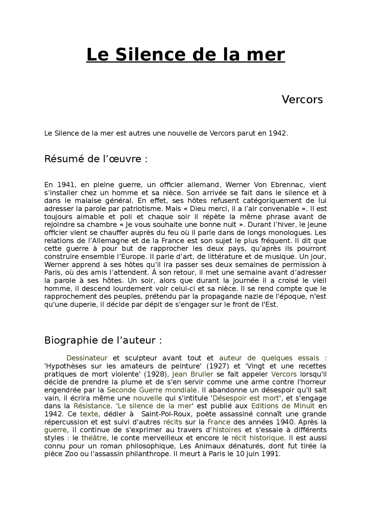 Vercors, Le Silence de la mer - synthèse de l’œuvre | Résumés ...
