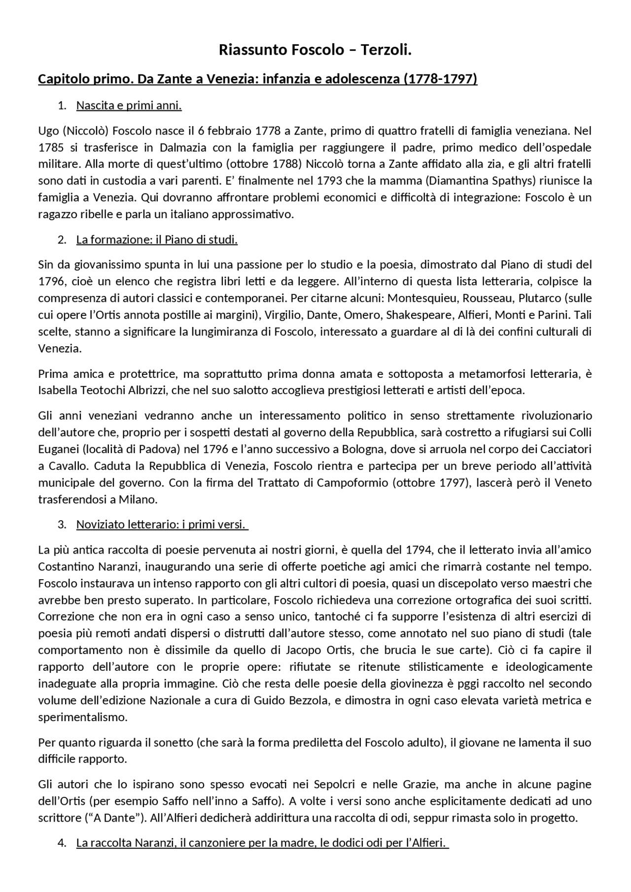 Riassunto Foscolo Terzoli Docsity