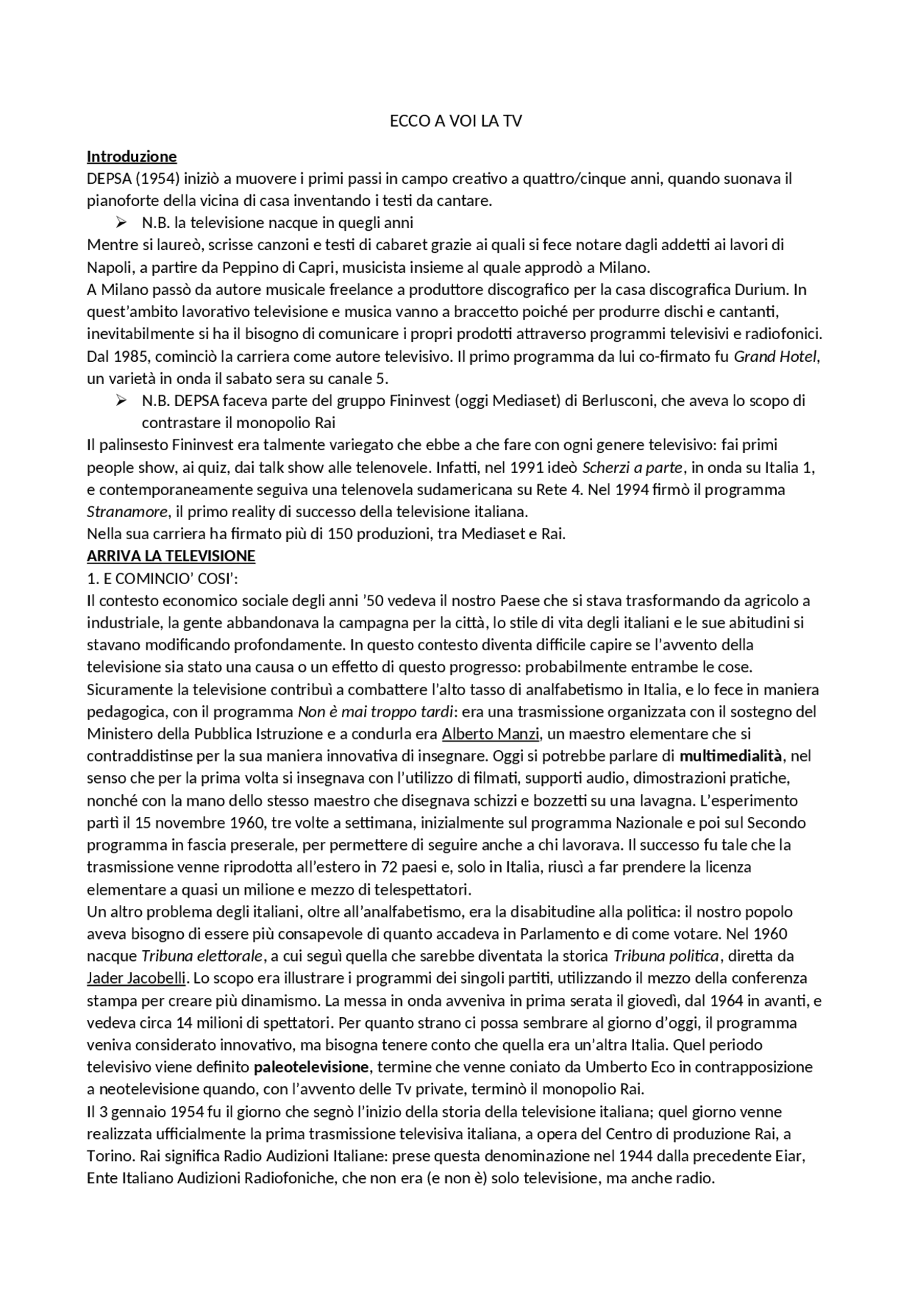 Riassunto Di Ecco A Voi La Tv Docsity