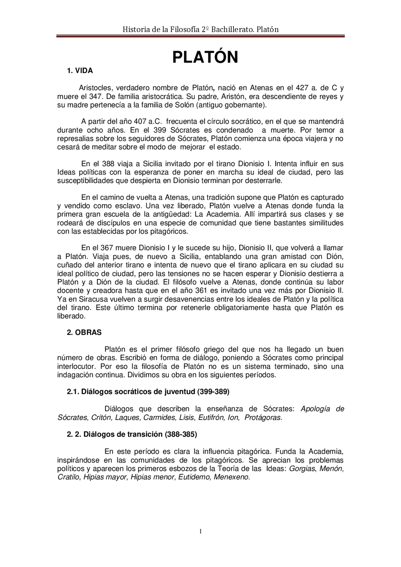Apuntes De Platón 2 Bach Docsity