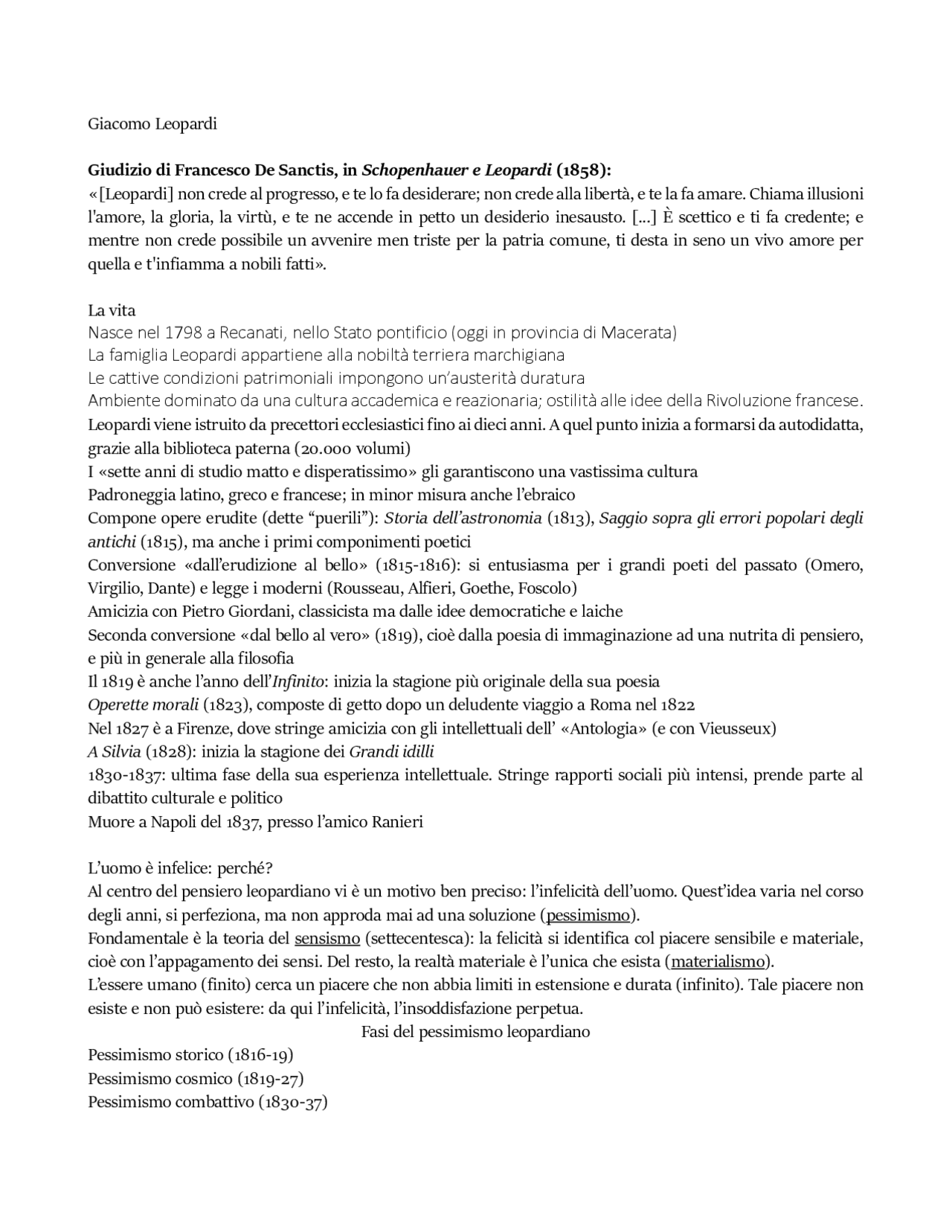 Giacomo Leopardi Vita E Opere Docsity