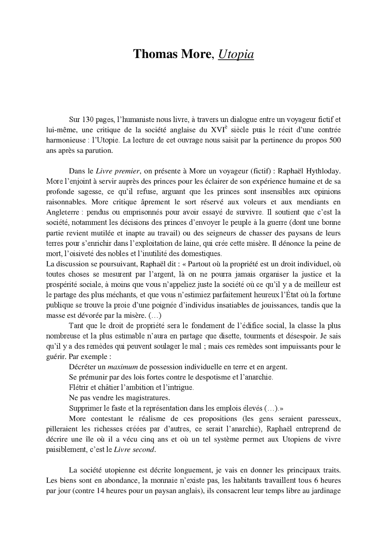 Thomas More Utopia Synthèse Docsity