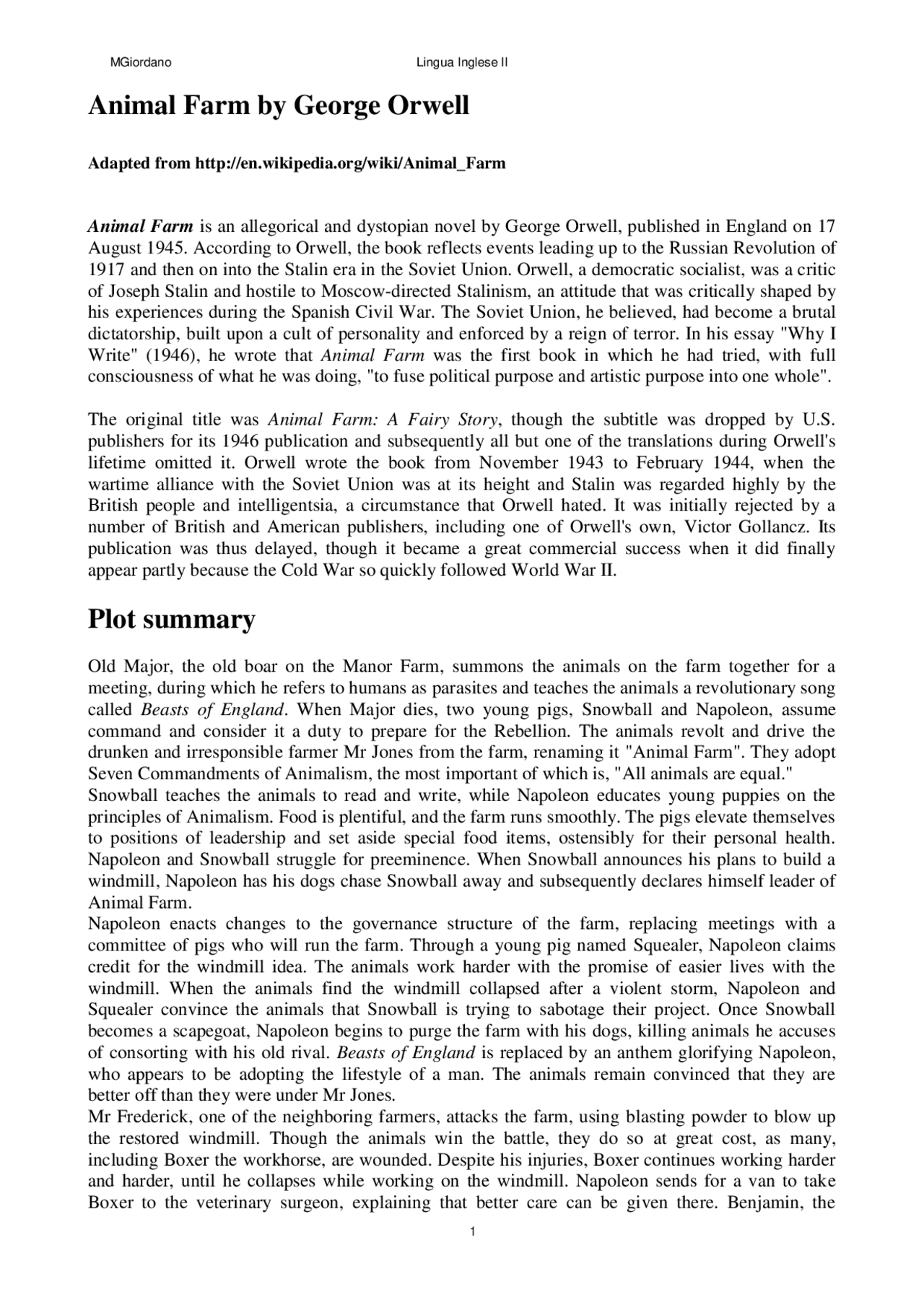 ANIMAL FARM SUMMARY ORWELL - Docsity