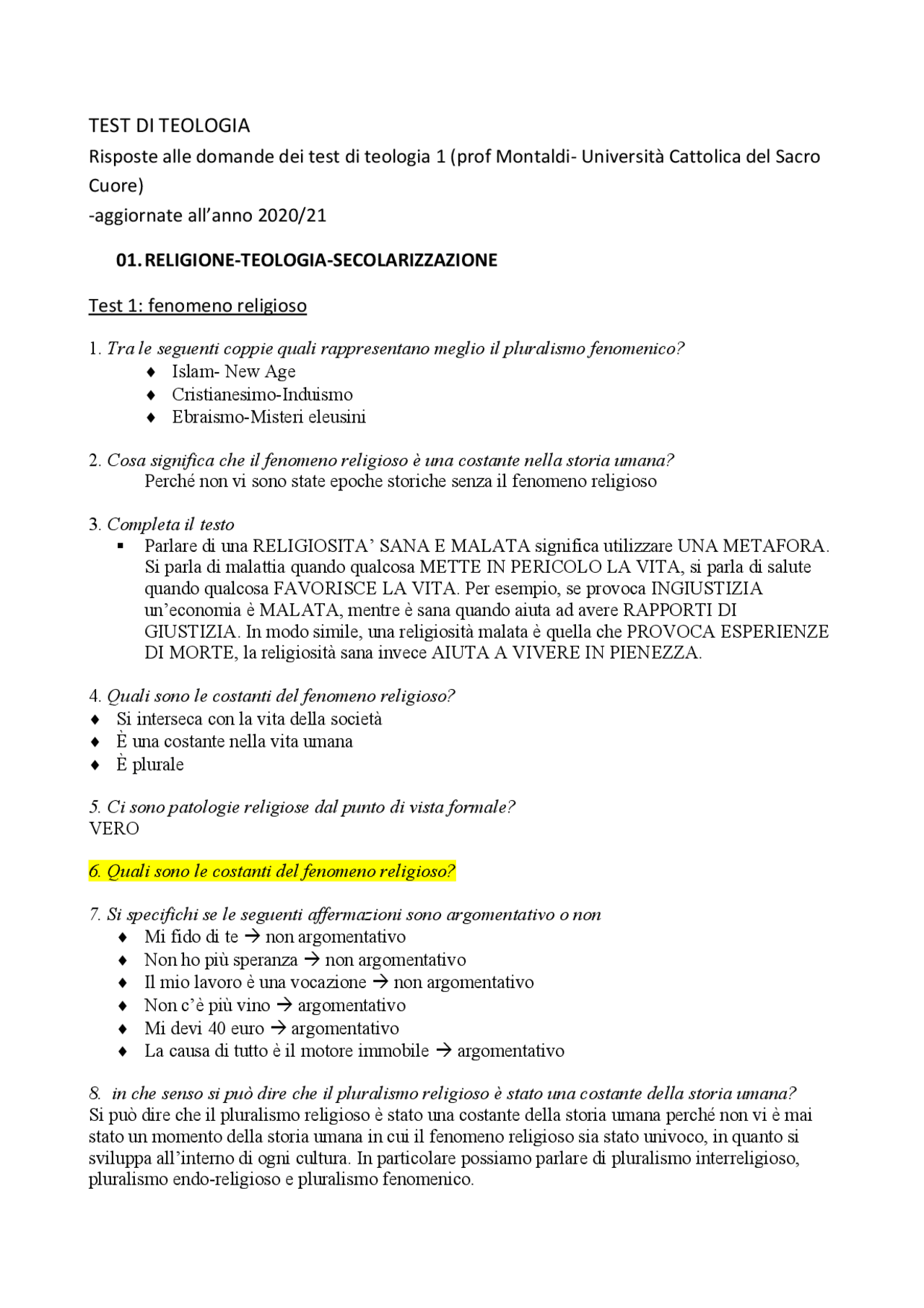 Soluzioni Test Di Teologia Prove Desame Di Teologia Docsity