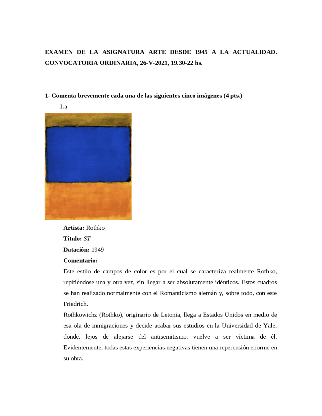 Examen de Arte desde 1945 a la actualidad - Docsity