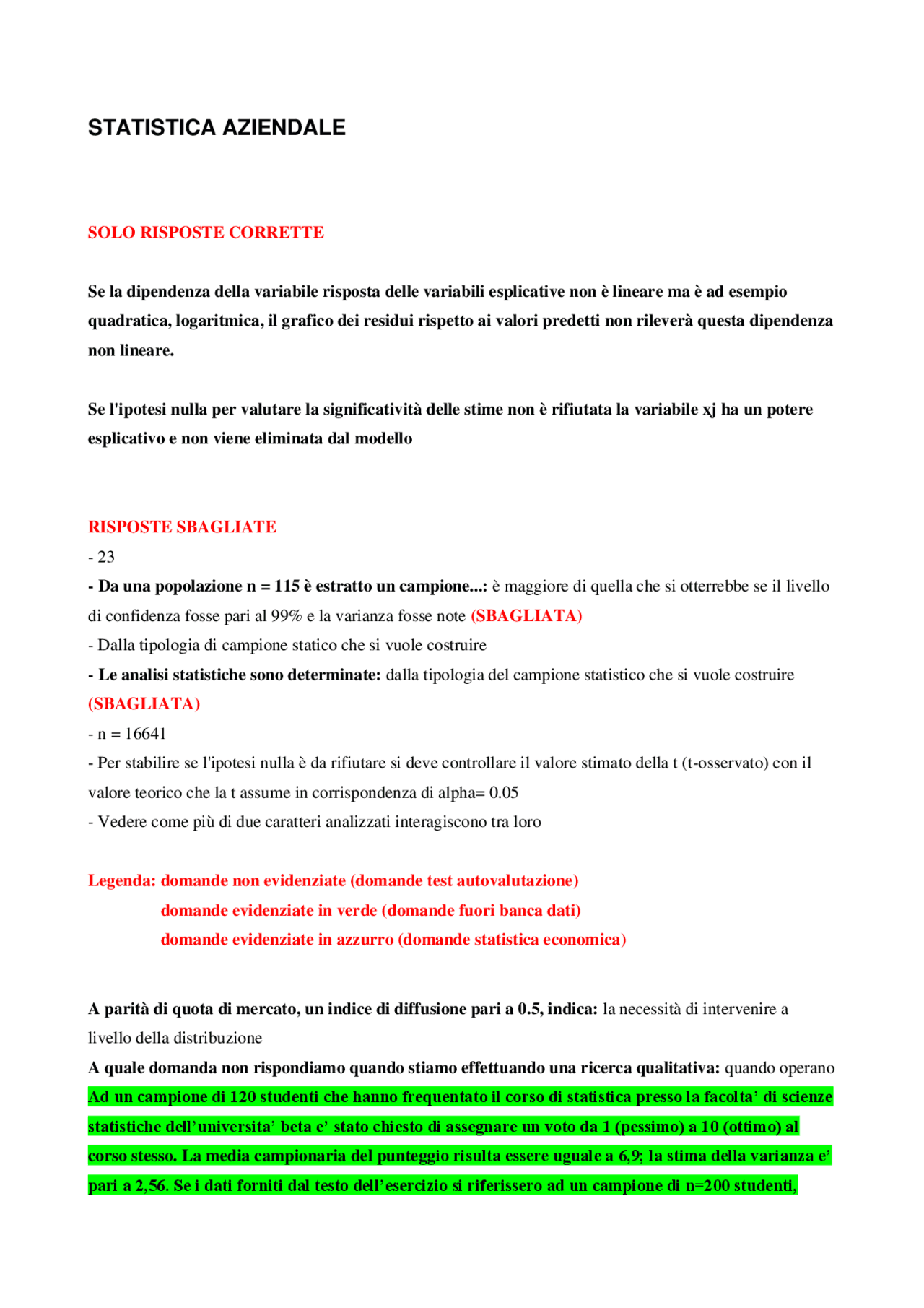 Domande E Risposte Statistica Aziendale Appunti Di Statistica Docsity