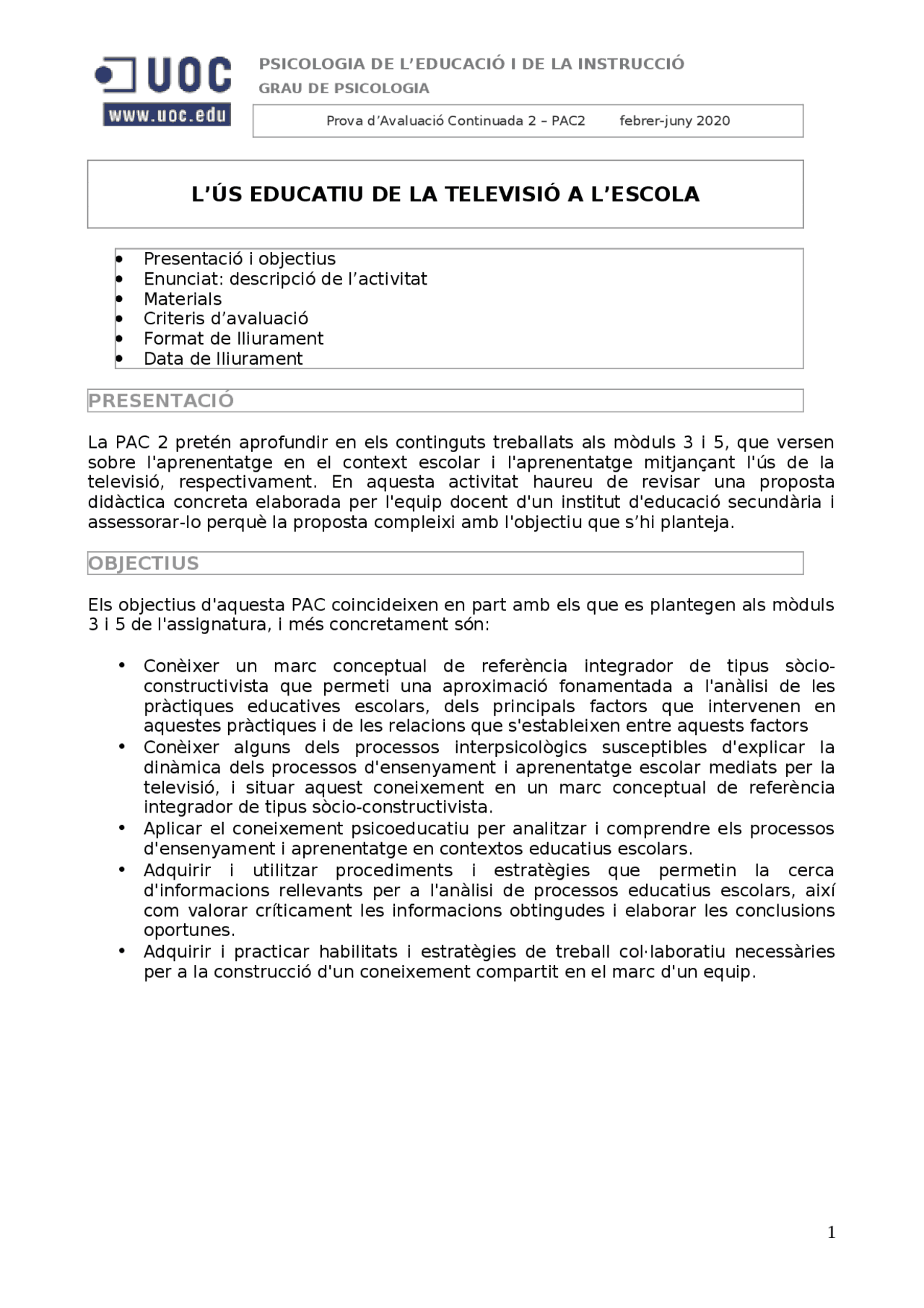 Enunciado Pac 2 Psicologia De Leducació Docsity