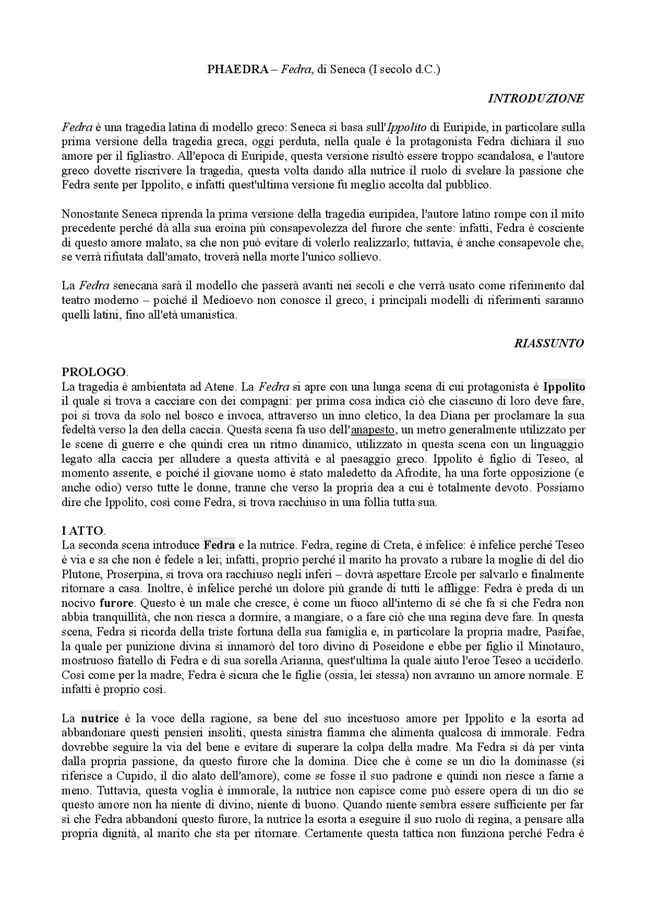 Riassunto della tragedia latina "Fedra" di Seneca. - Docsity