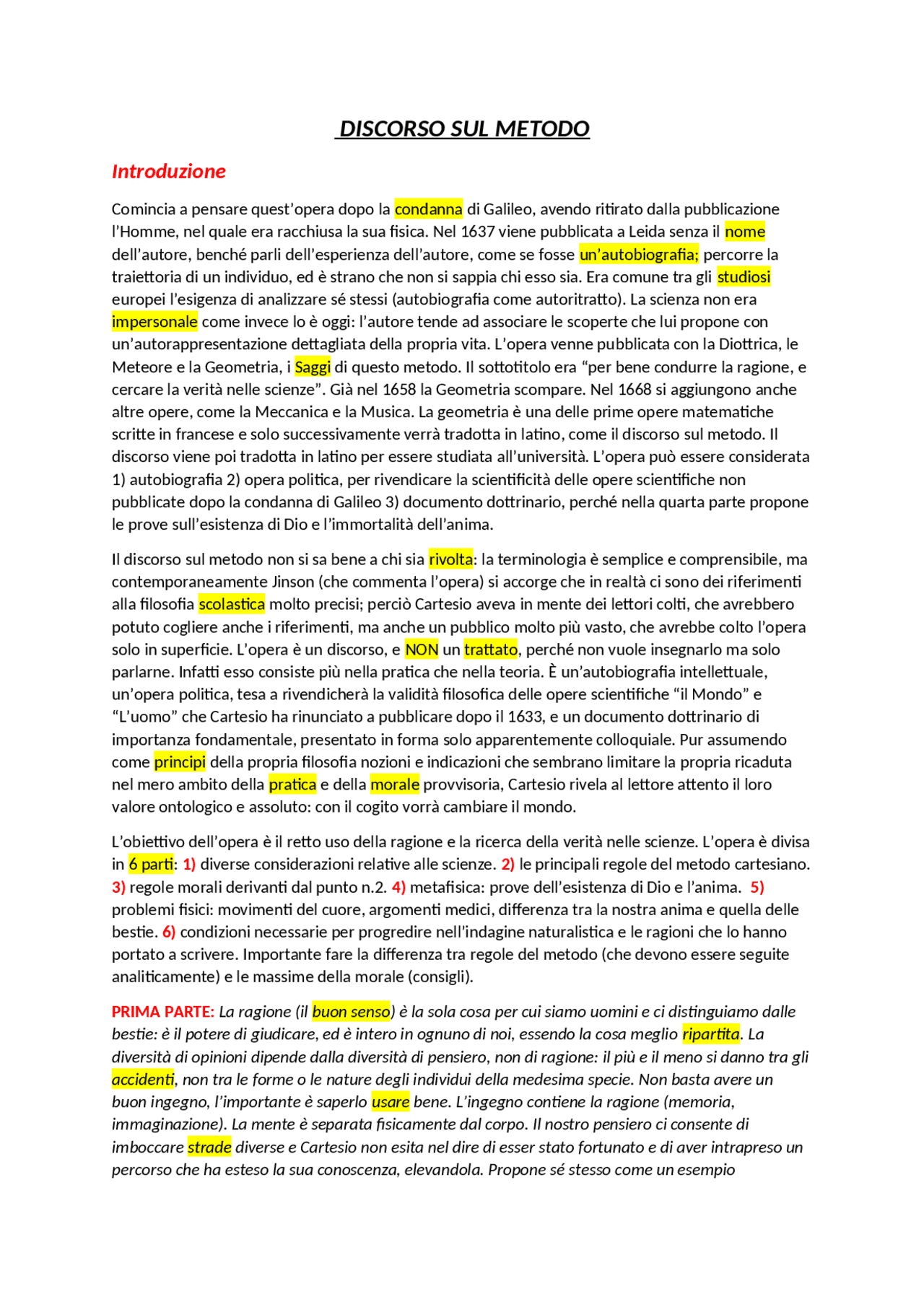 Riassunto Discorso Sul Metodo Cartesio Docsity