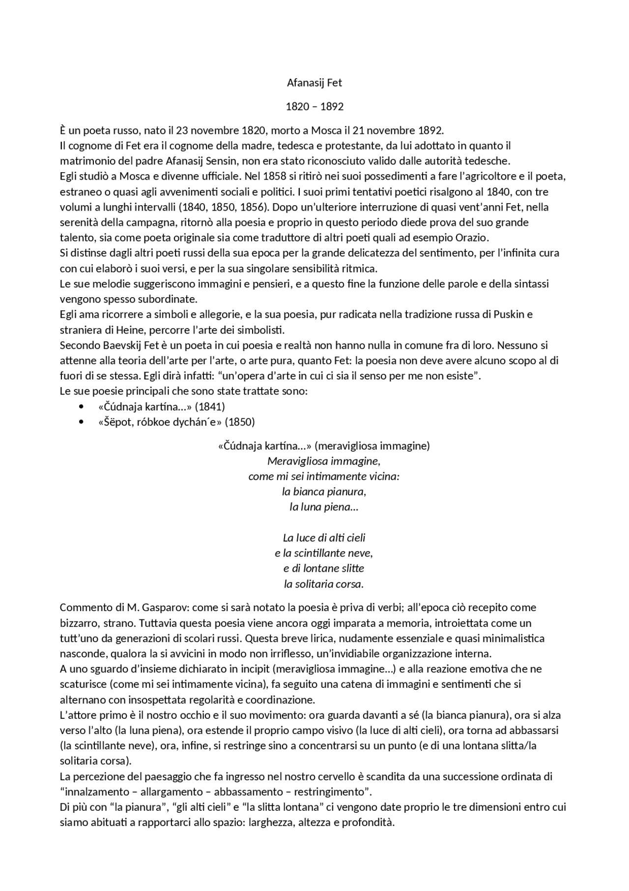 Fet E Poesie Varie Analisi Appunti Di Letteratura Russa Docsity