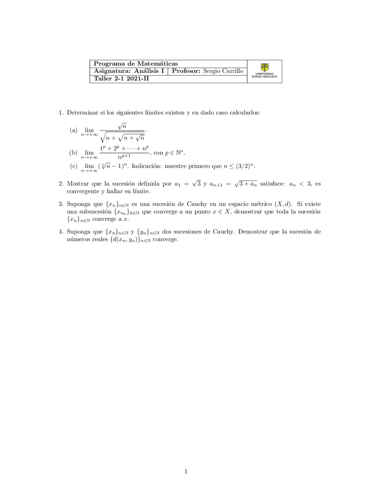 Taller De Análisis Matemático Uno Docsity