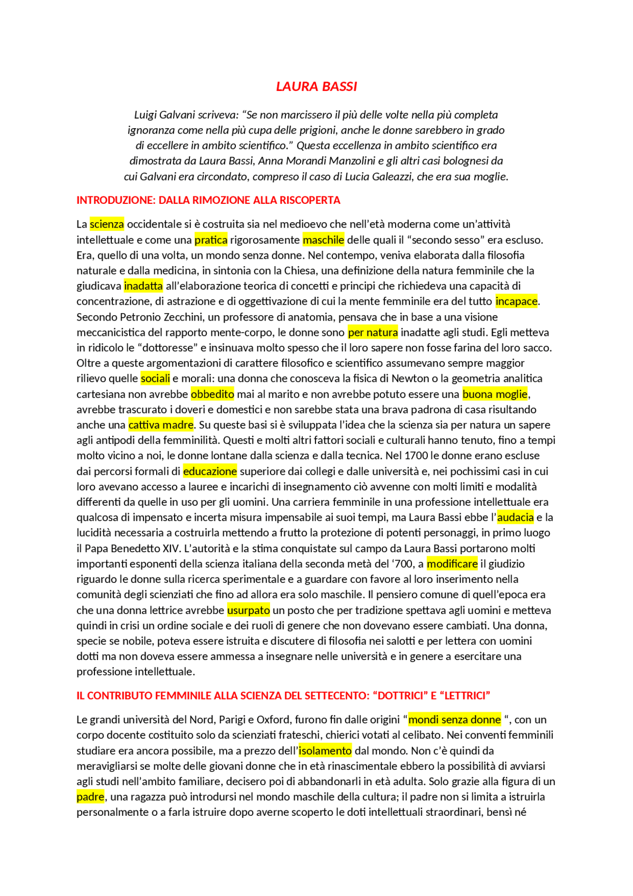 Riassunto Laura Bassi Marta Cavazza Docsity