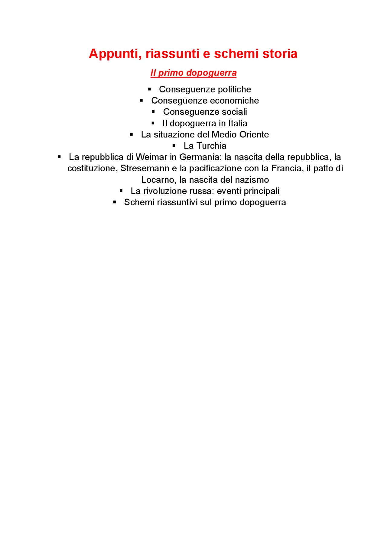 Appunti E Schemi Sul Primo Dopoguerra E Sulla Rivoluzione Russa Docsity