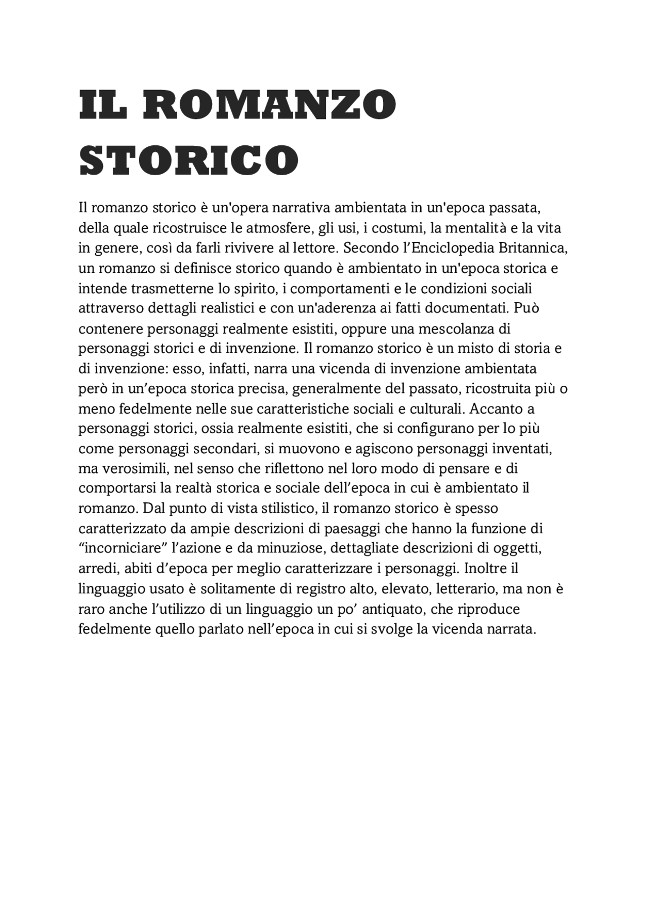 IL ROMANZO STORICO RICERCA - Docsity