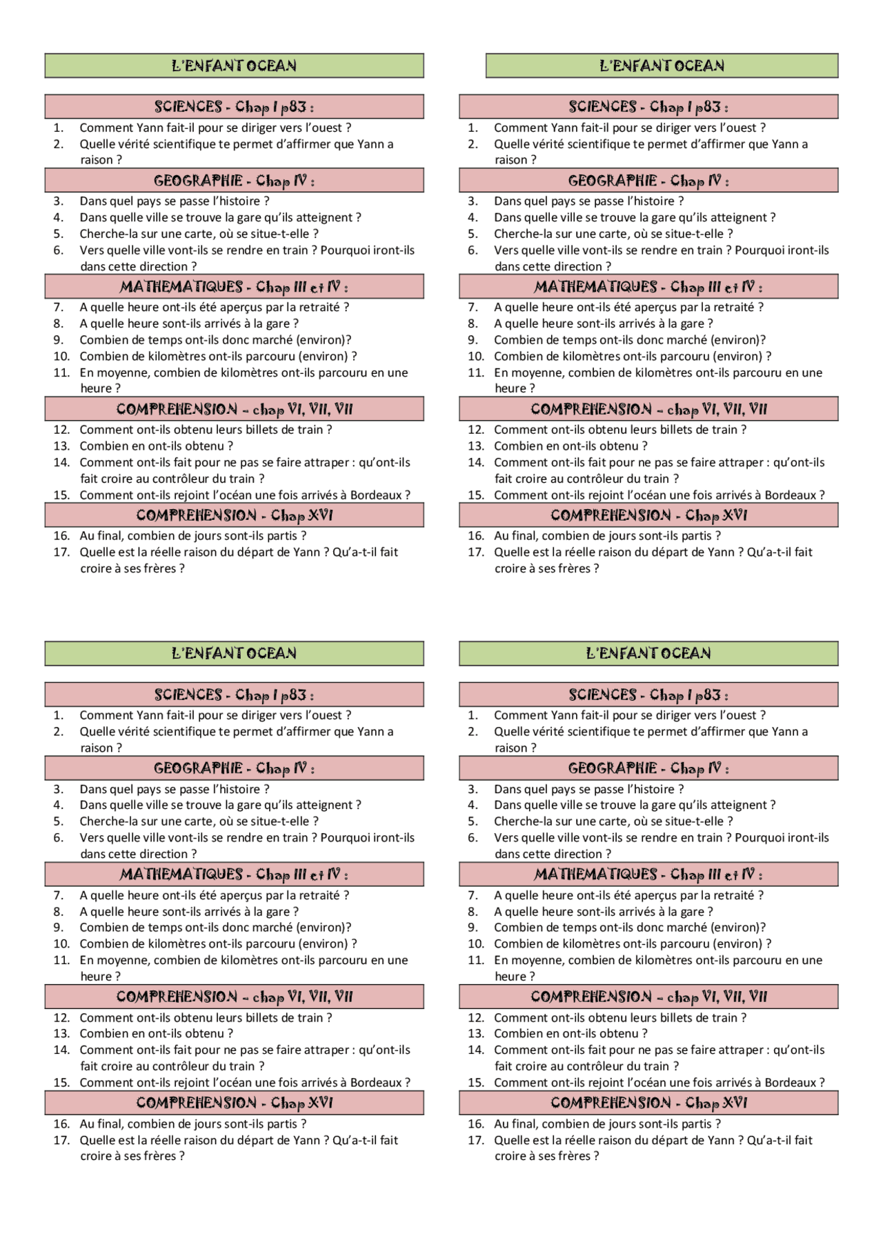 L'enfant océan - questionnaire | Exercices Littérature | Docsity