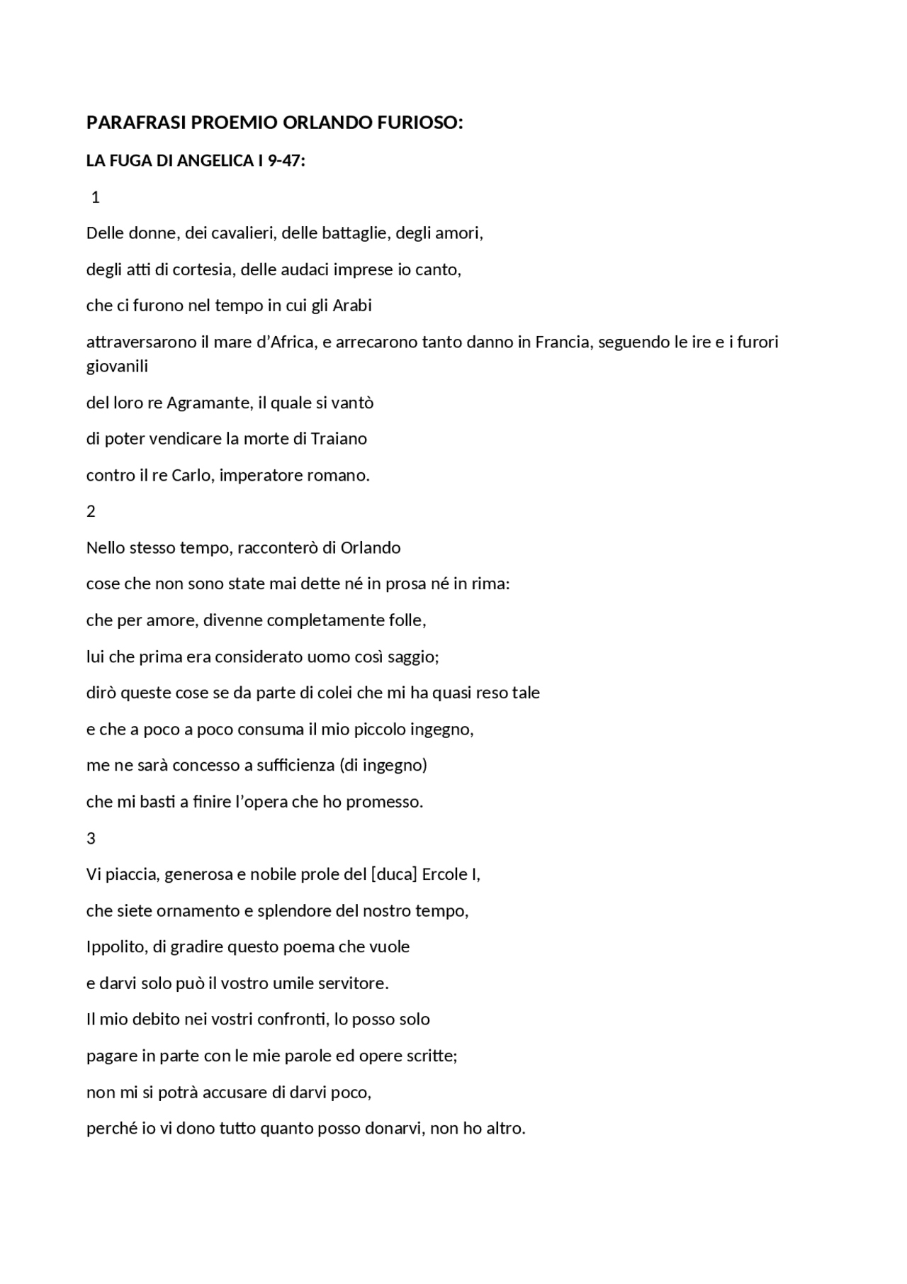Parafrasi testi Ludovico Ariosto - Docsity