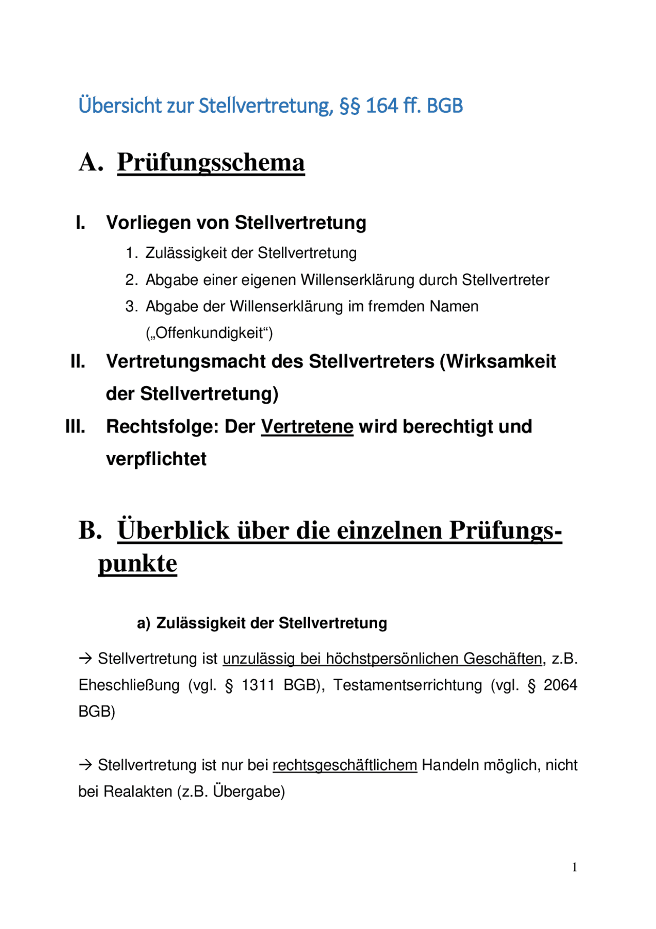 Übersicht zur Stellvertretung, §§ 164 ff. BGB - Docsity