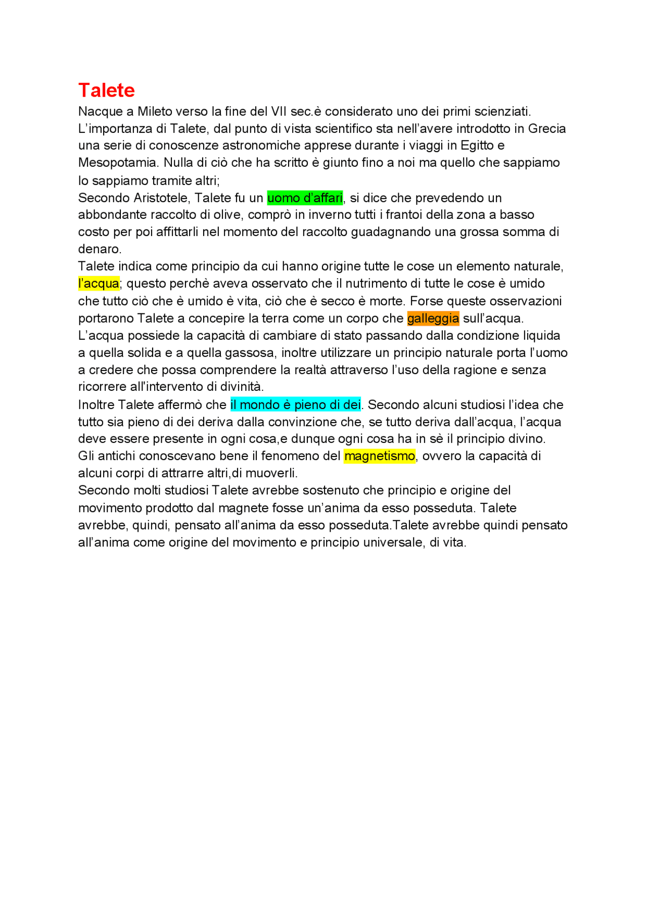 Talete Storia Della Filosofiabreve Sintesi Docsity